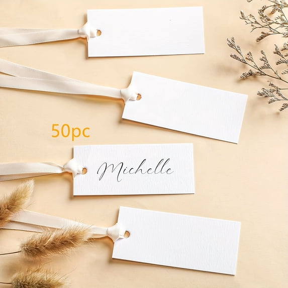 Blank Wedding Place Cards with Elegant Ribbon - Textured Paper Table ...