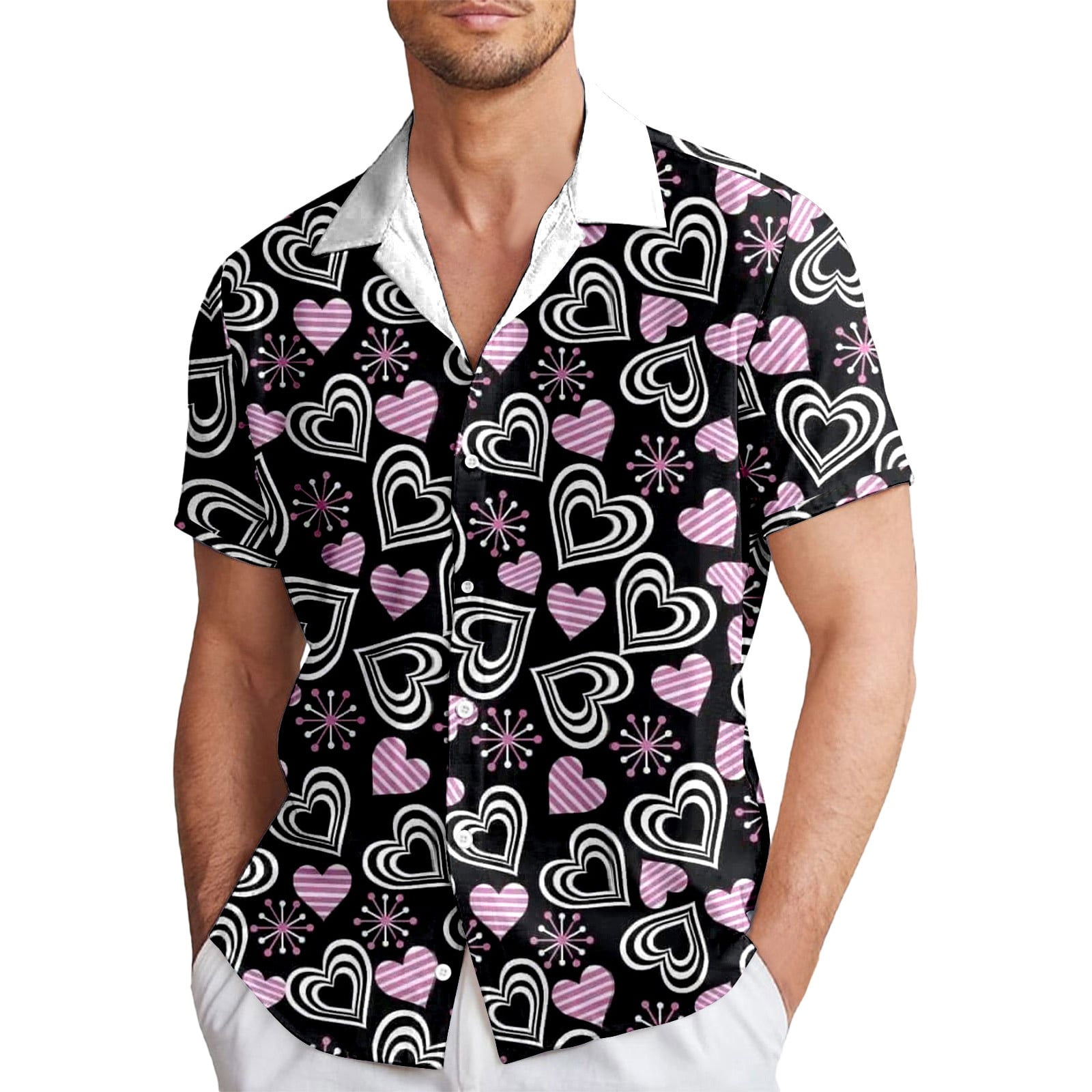 BlankRift Men's Dress Shirts Valentine Love Heart Print Lapel Shirt ...