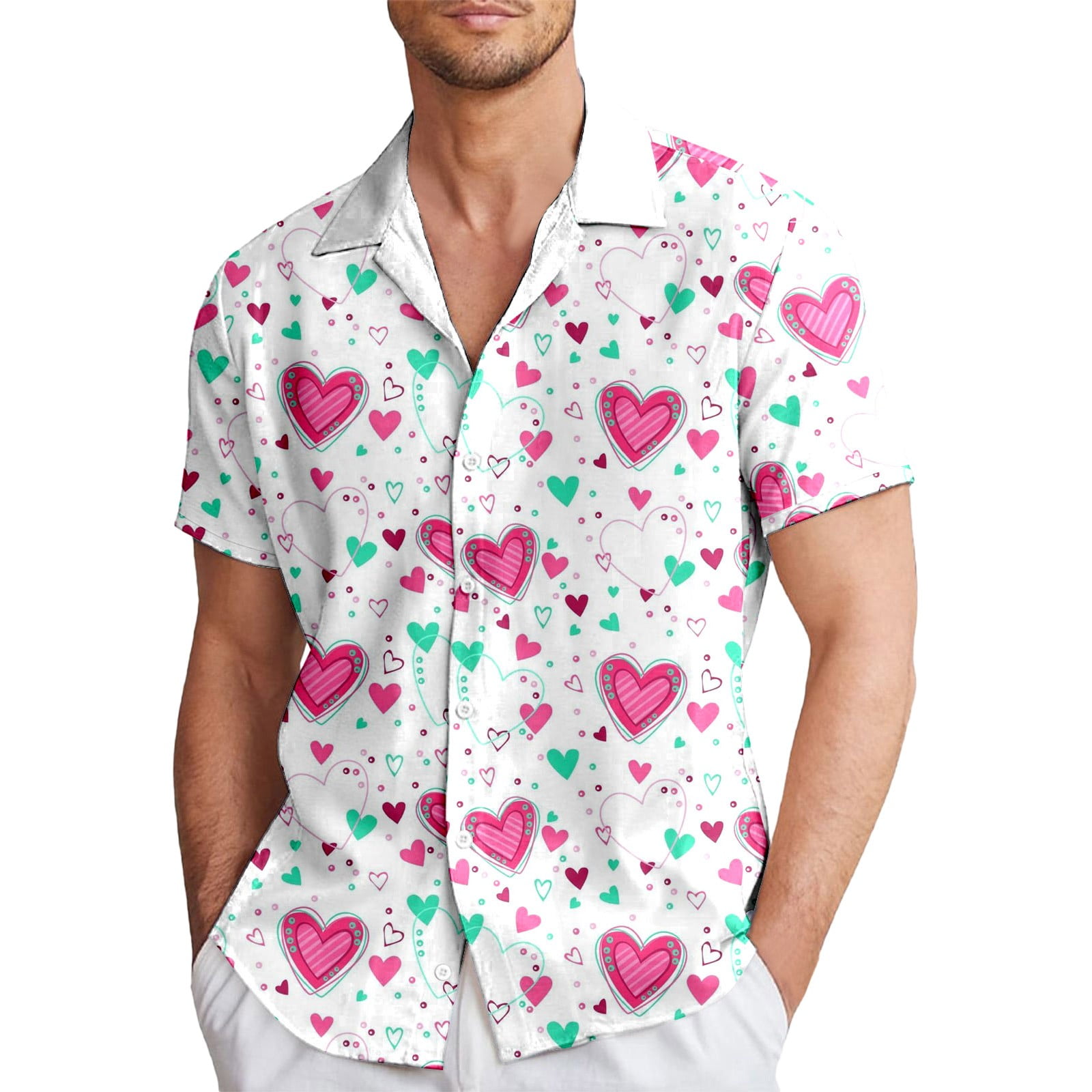 BlankRift Mens Dress Shirt Valentine Lapel Shirt Love Heart Print Tops ...