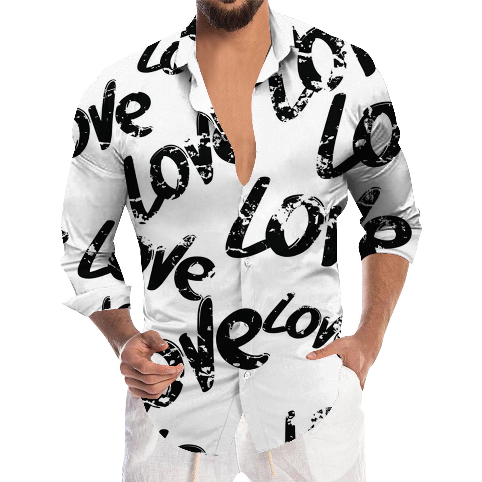 BlankRift Slim Fit Dress Shirts for Men Valentines Letter Printed Lapel ...
