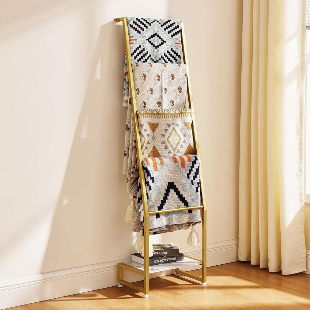 Blanket Ladder, 5 Tier Ladder Shelf,Wooden Blanket Ladders for Living ...