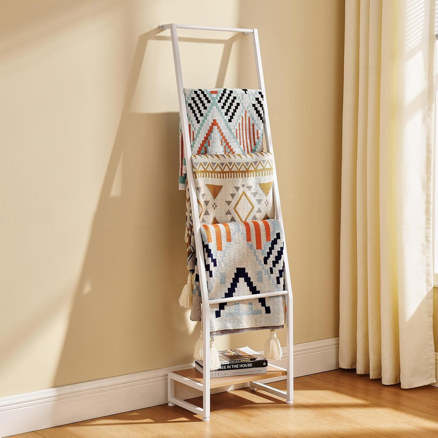 Blanket Ladder, 5 Tier Ladder Shelf,Wooden Blanket Ladders for Living ...