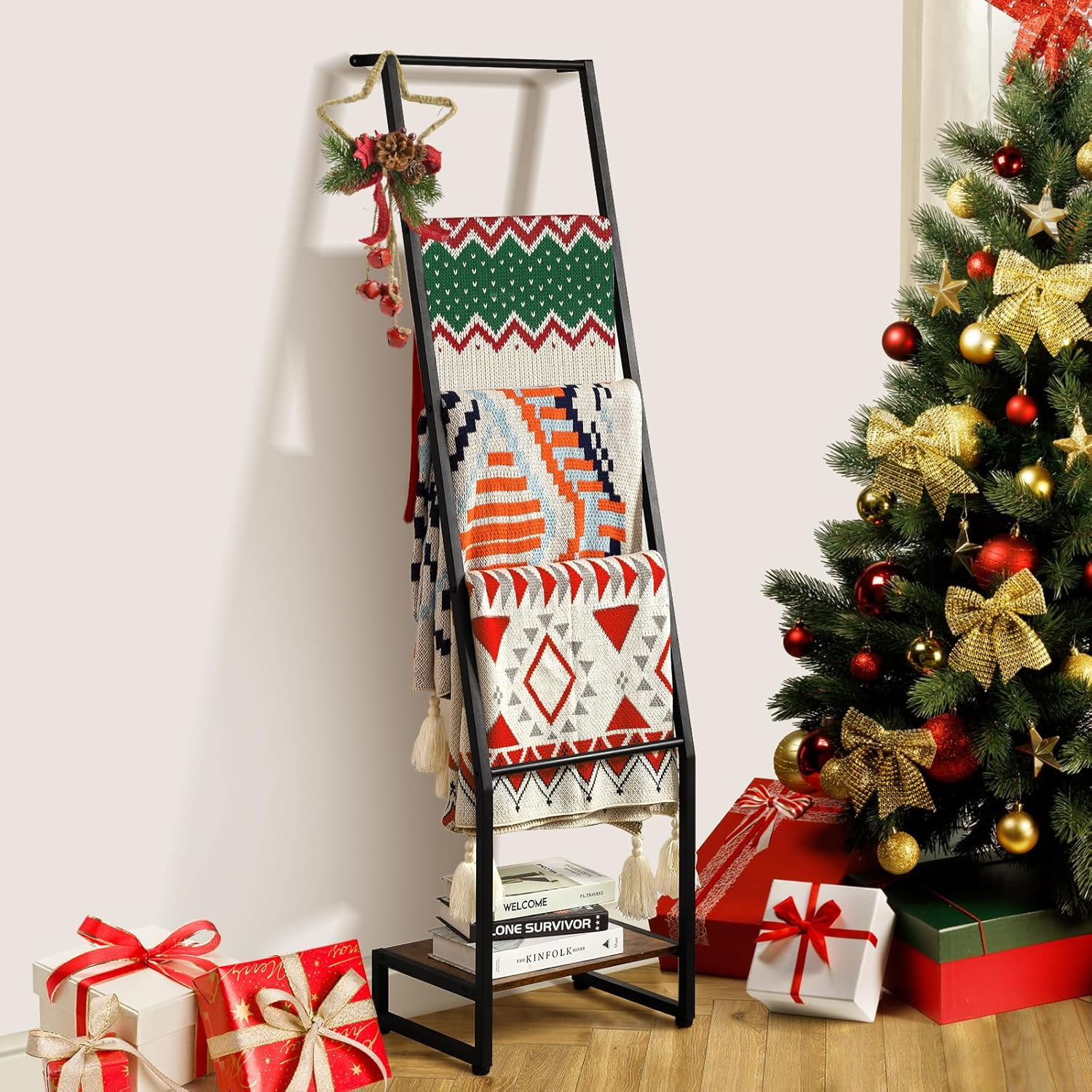 Blanket Ladder, 5 Tier Ladder Shelf,Wooden Blanket Ladders for Living ...