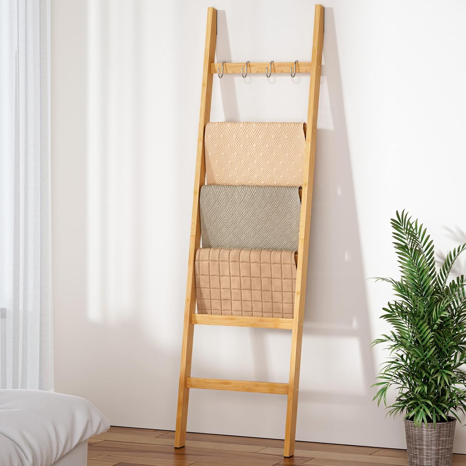 Blanket Ladder 6-Tier,Bamboo Towel Rack with 2 Anti-Tip Straps and 4 ...