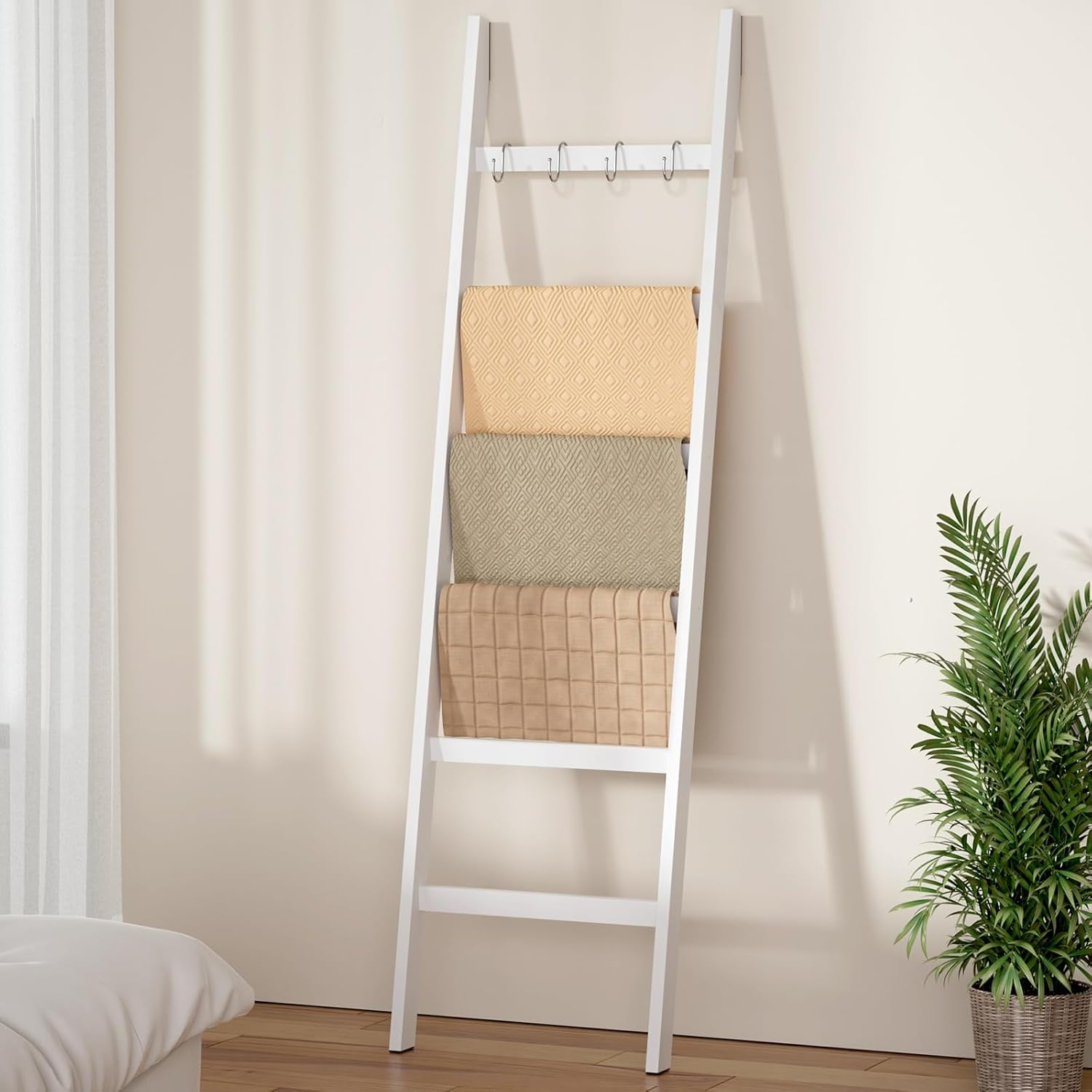 Blanket Ladder 6-Tier,Bamboo Towel Rack with 2 Anti-Tip Straps and 4 ...