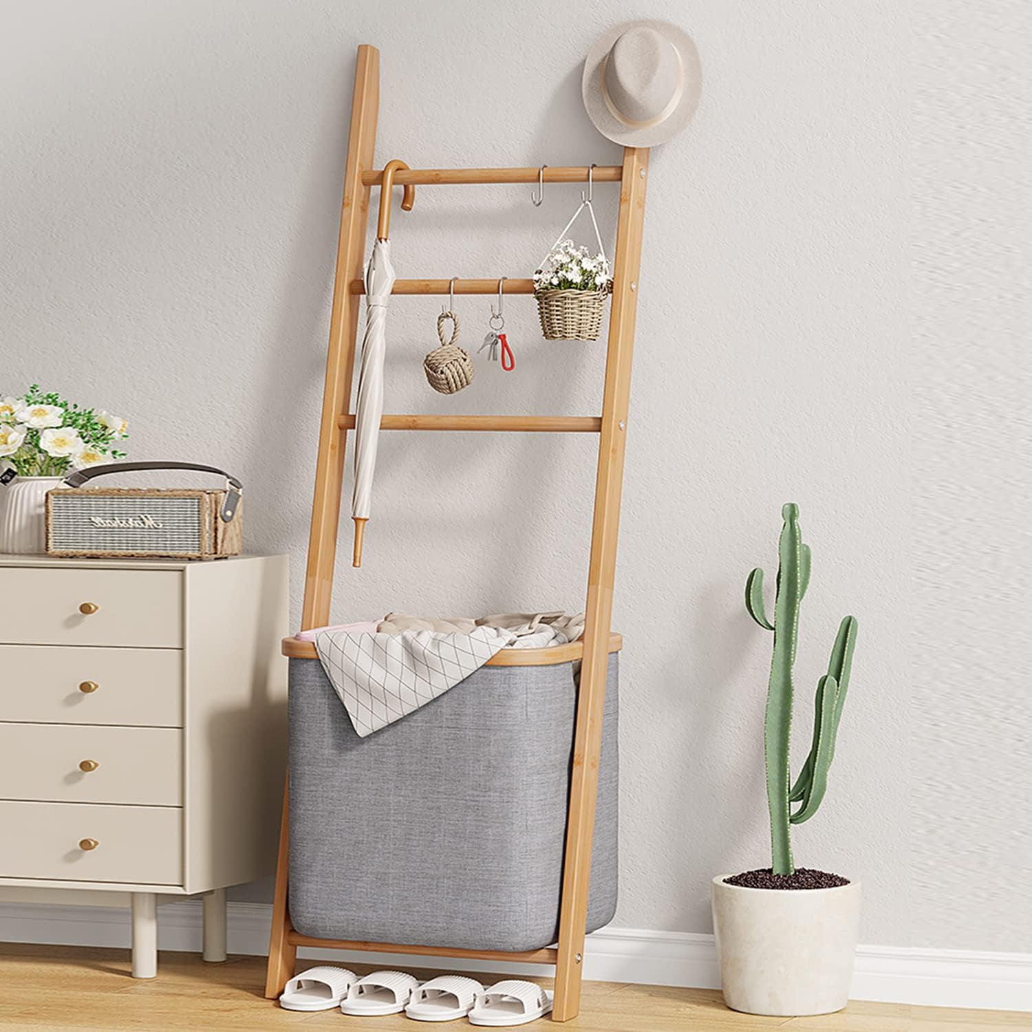 Blanket Ladder with Basket, Bamboo Towel Rack with Storage Hamper ...