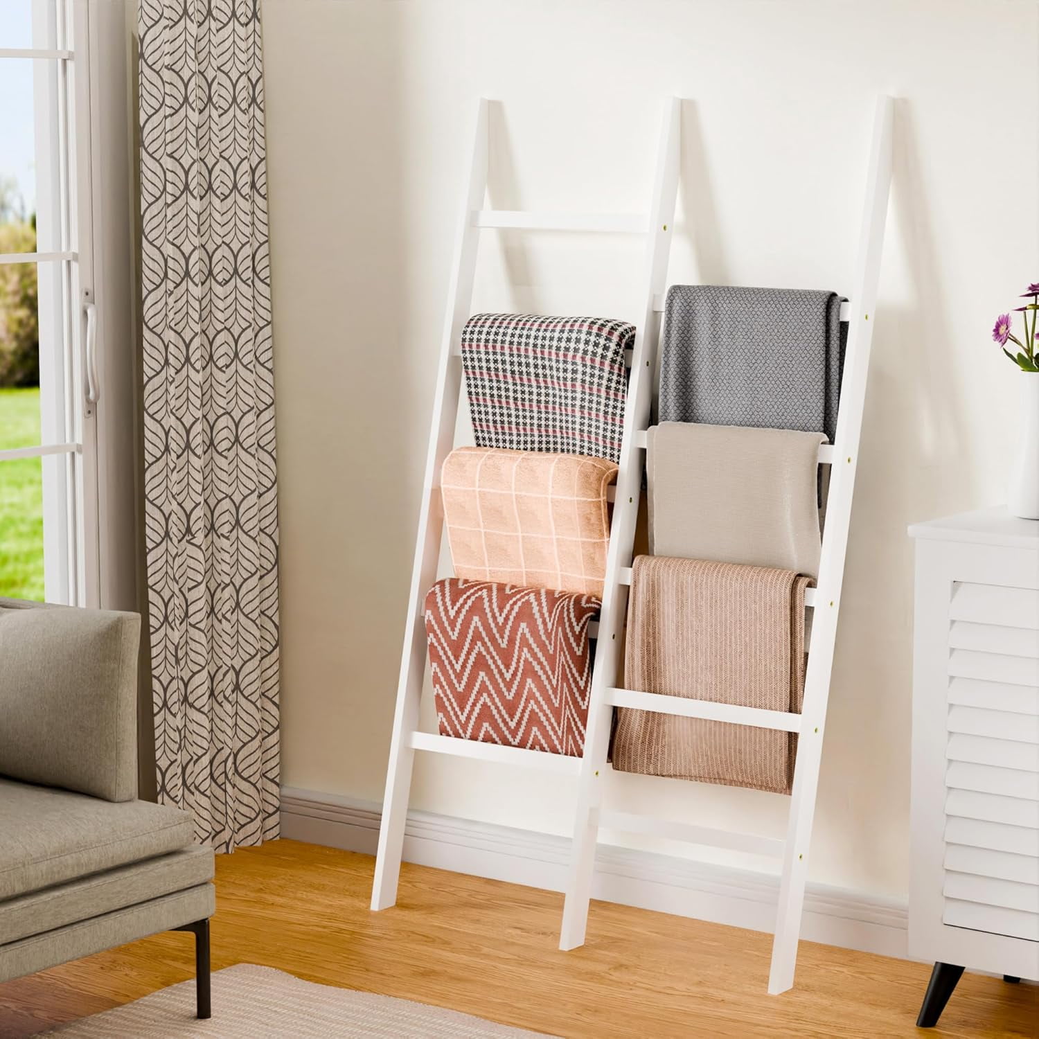 Blanket Ladder for Living Room - 10-Tier Bamboo Wood Blanket Ladder Quilt Ladder Rack Modern ...