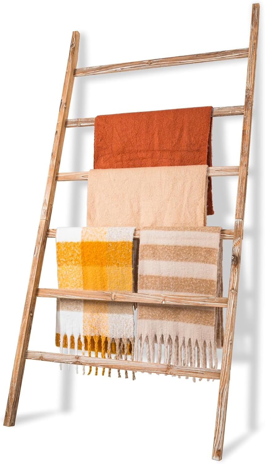 Blanket Ladder Shelf 6.4FT Solid Wooden Blanket Ladder for Living Room ...