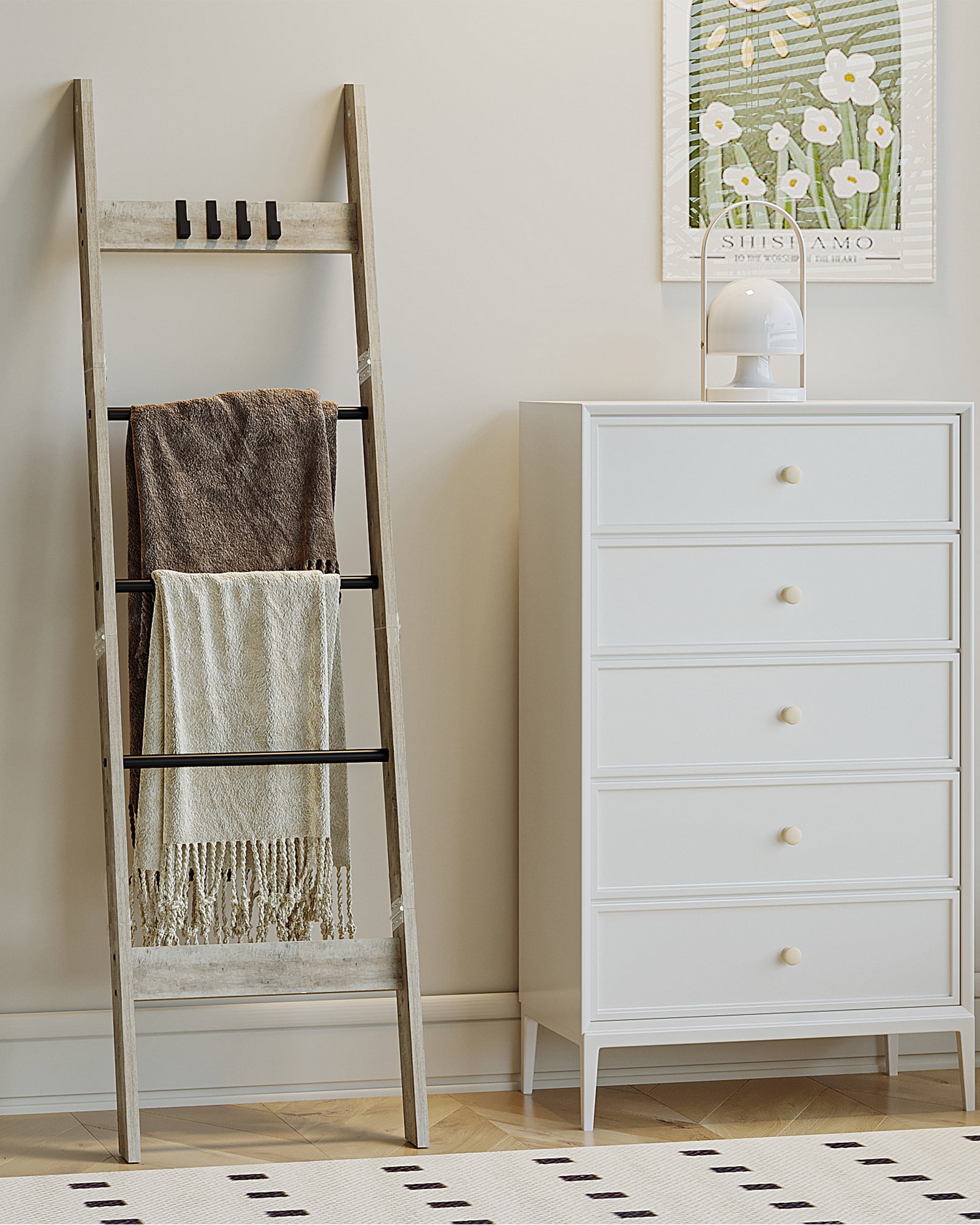 Blanket Ladder - for Bedroom,5-Tier Farmhouse Ladder Holder Organizer ...