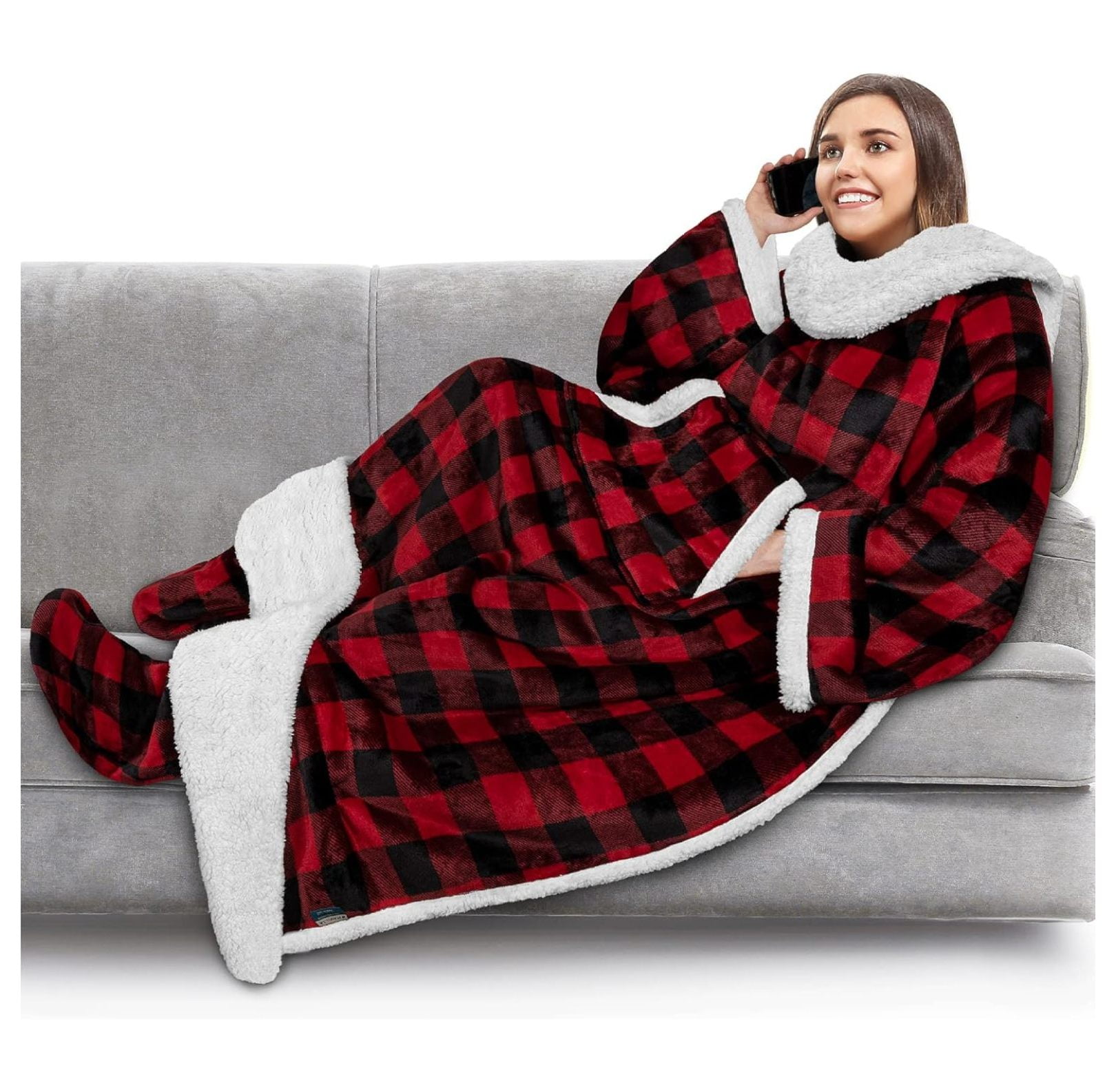 Blanket with Sleeves, Foot Pocket for Women Men Adults, Thick Wearable ...