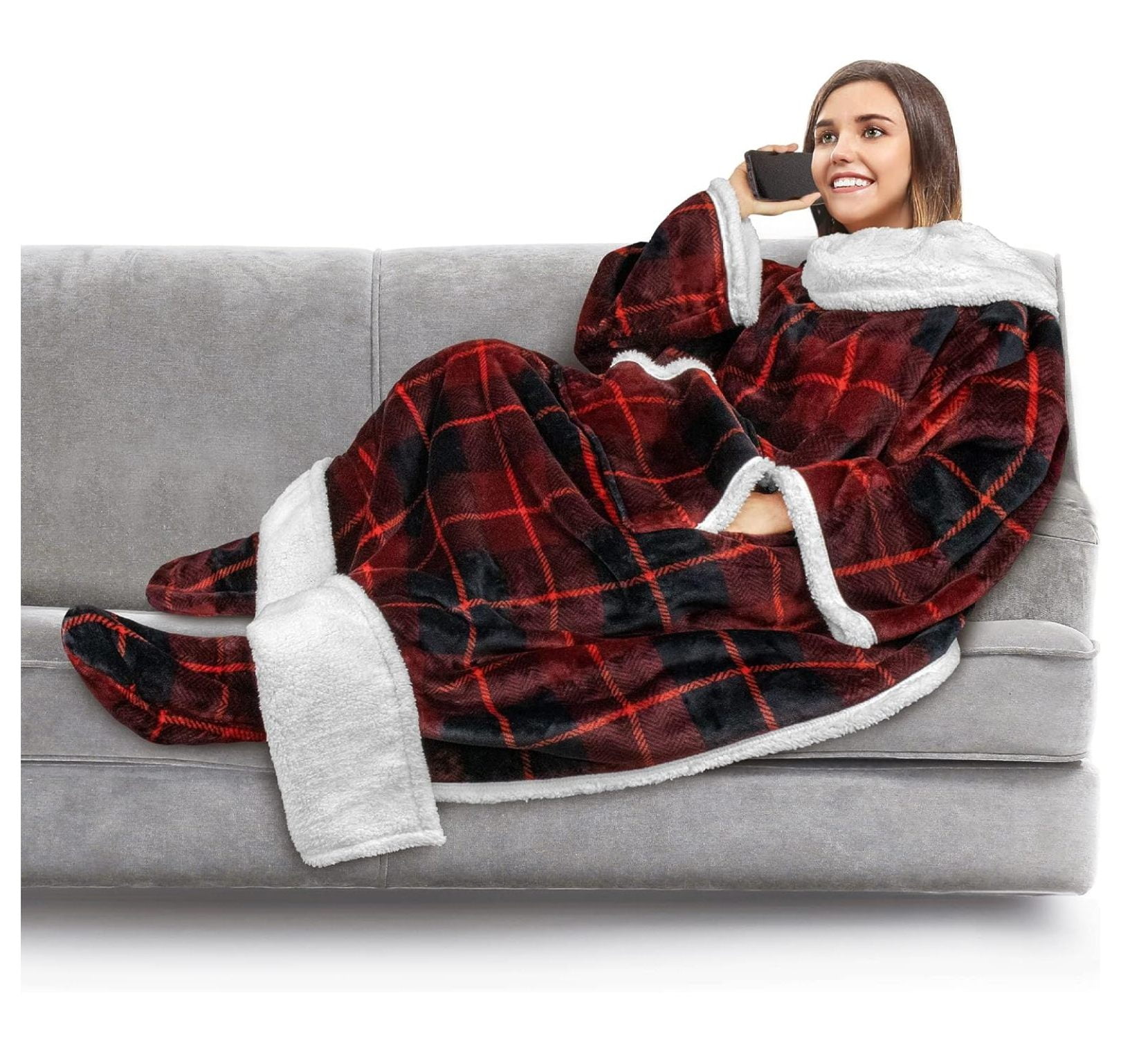 Blanket with Sleeves, Foot Pocket for Women Men Adults, Thick Wearable ...