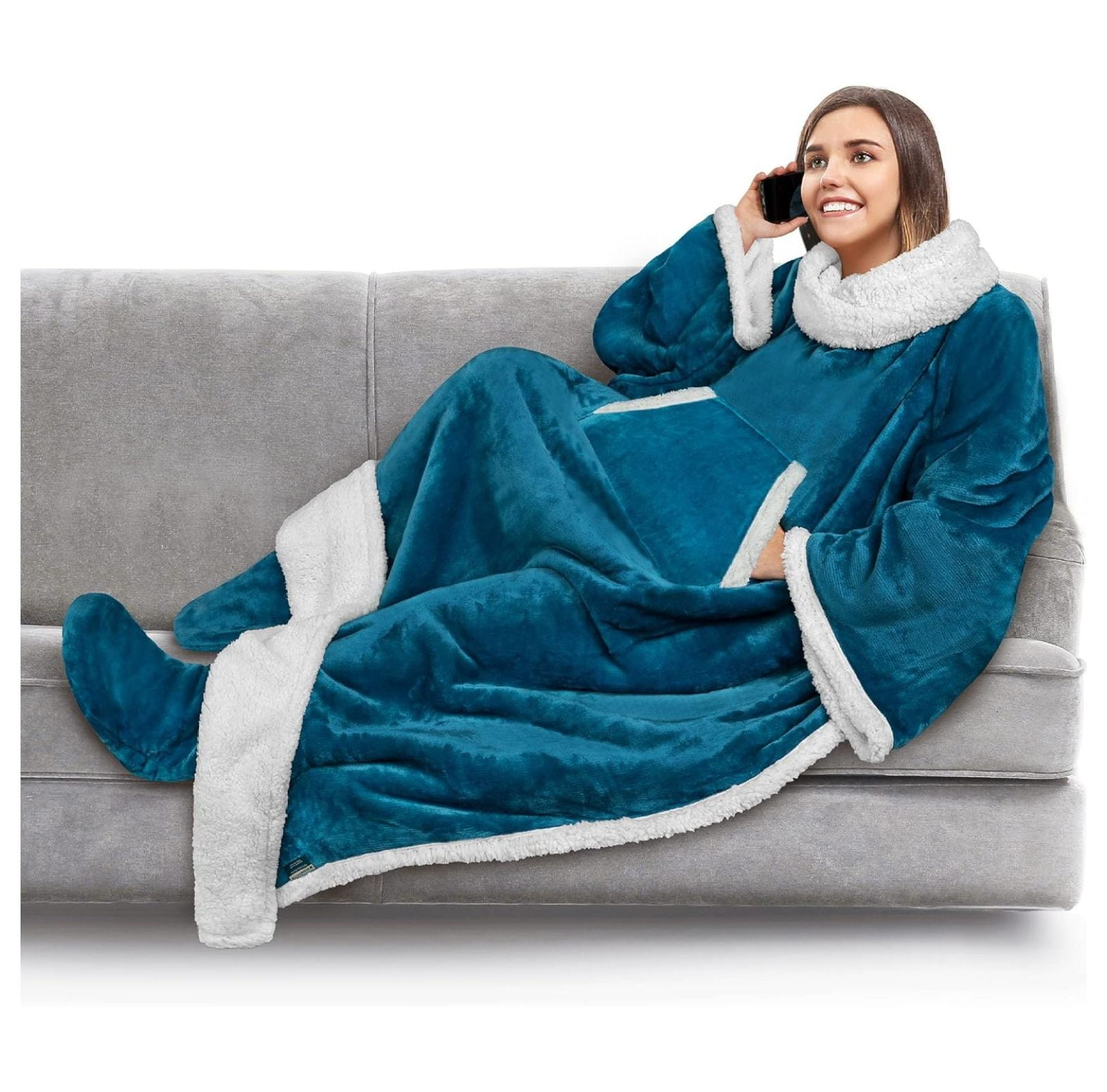 Blanket with Sleeves, Foot Pocket for Women Men Adults, Thick Wearable ...