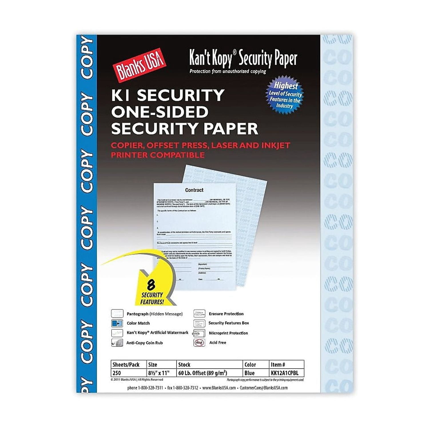 Blanks USA Kan't Kopy 8.5" x 11" Security Paper 60 lbs. Blue 250 Sheets ...