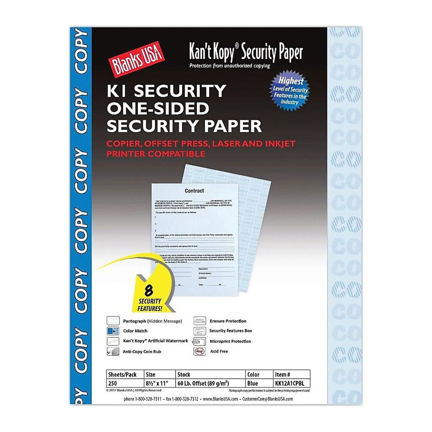 Blanks USA Kan't Kopy 8.5" x 11" Security Paper 60 lbs. Blue 250 Sheets ...