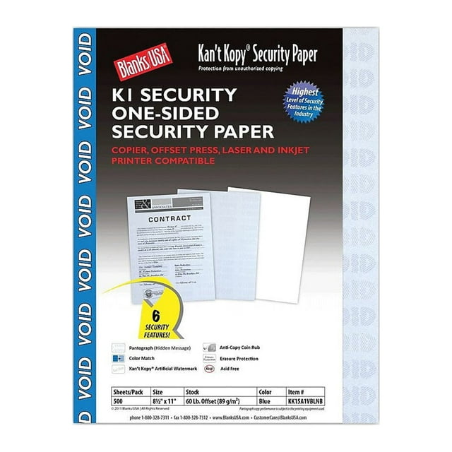 Blanks USA Kan't Kopy 8.5" x 11" Security Paper 60 lbs. Blue 500 Sheets ...