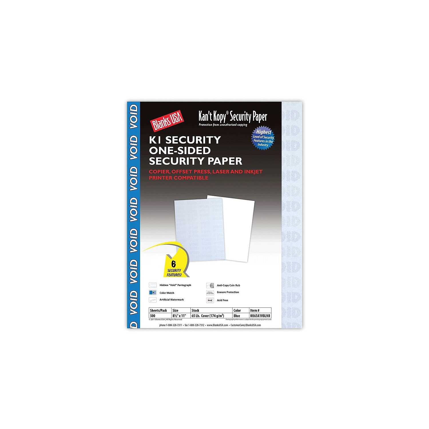 Blanks USA Kan't Kopy 8.5" x 11" Security Paper, 60 lbs., Blue, 500 ...