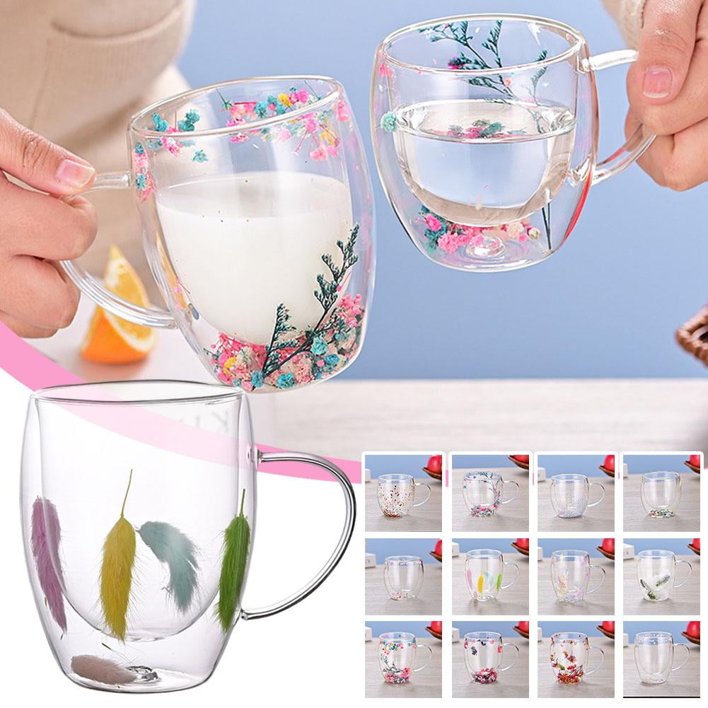 Blarkrus Creative Double Wall Glass Cup Real Flower Conch Flash Filler ...