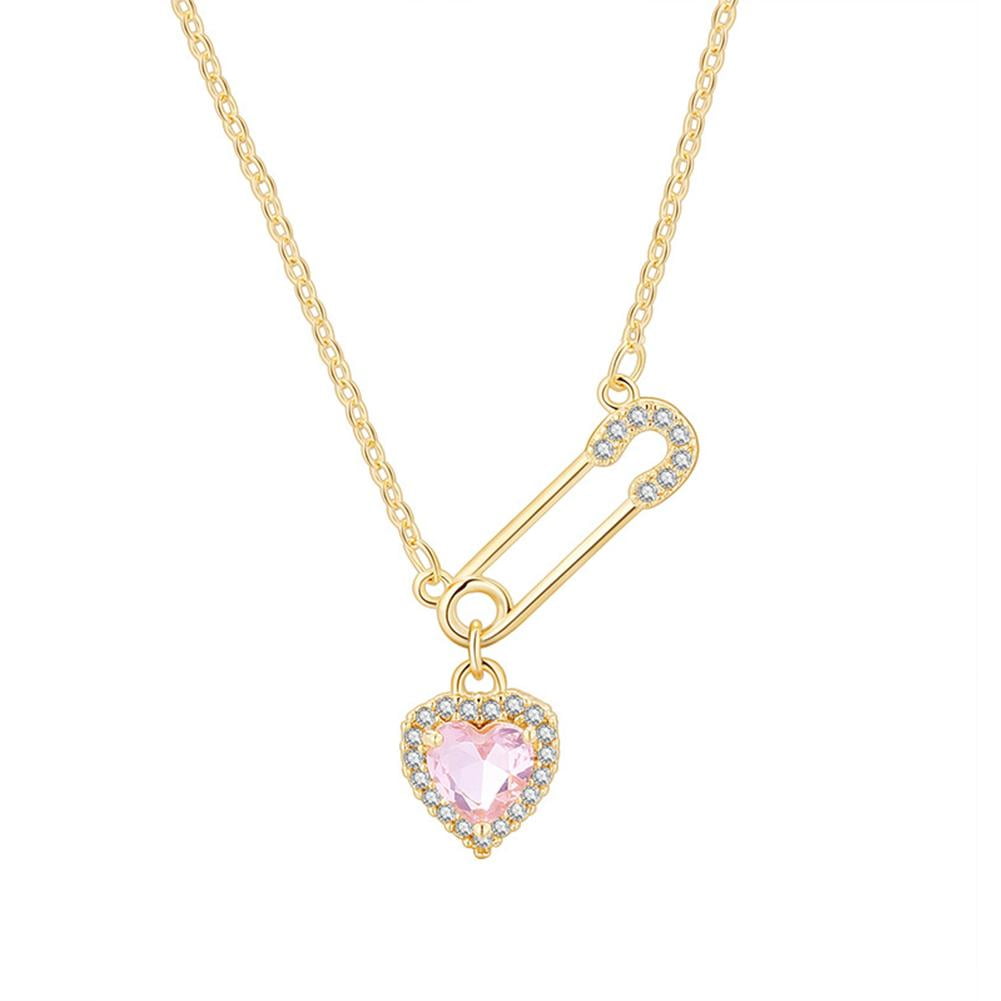 Blarkrus Crystal Safety Pin And Pink Heart Necklace Golden Temperament ...