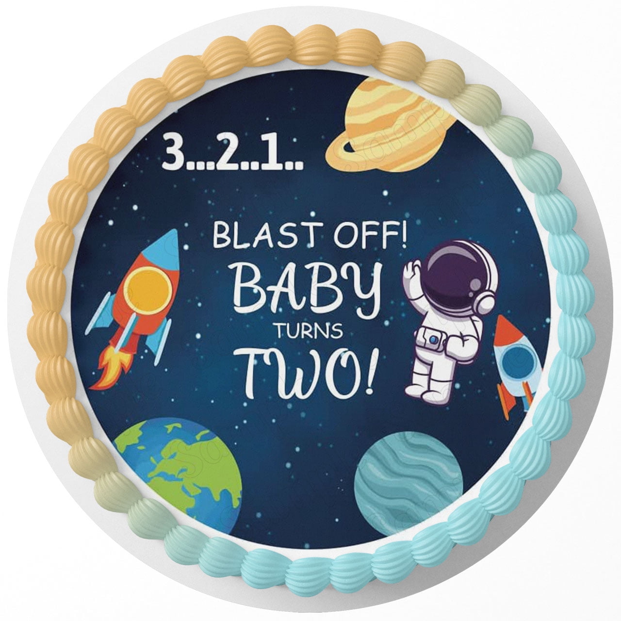 Blast Off Rocket Spaceman Planets Edible Cake Image Topper Birthday ...