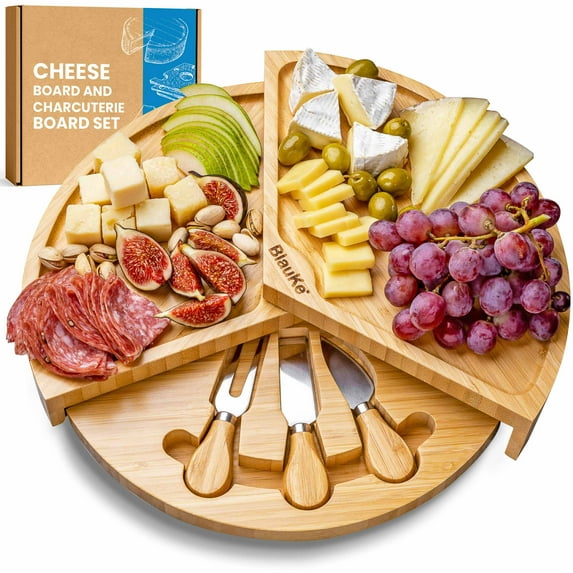 BlauKe® Bamboo Cheese Board & Knife Set – 14 inch Round Board, Serving ...