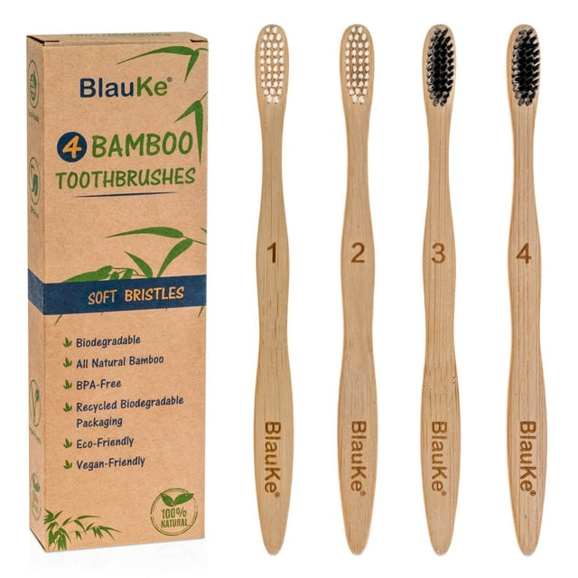 BlauKe® 4-Pack Bamboo Toothbrushes, Soft Bristles – Eco-Friendly, Black ...