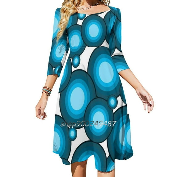 Blaue 70Er Jahre Kreise Square Neck Dress Cute Loose Print Dresses ...