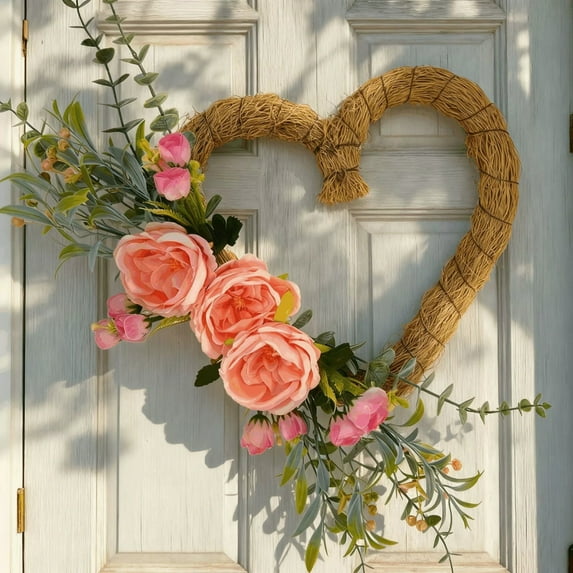 Blaxill Rattan Heart Wreath with Faux Peach Roses | Romantic Home Decor ...