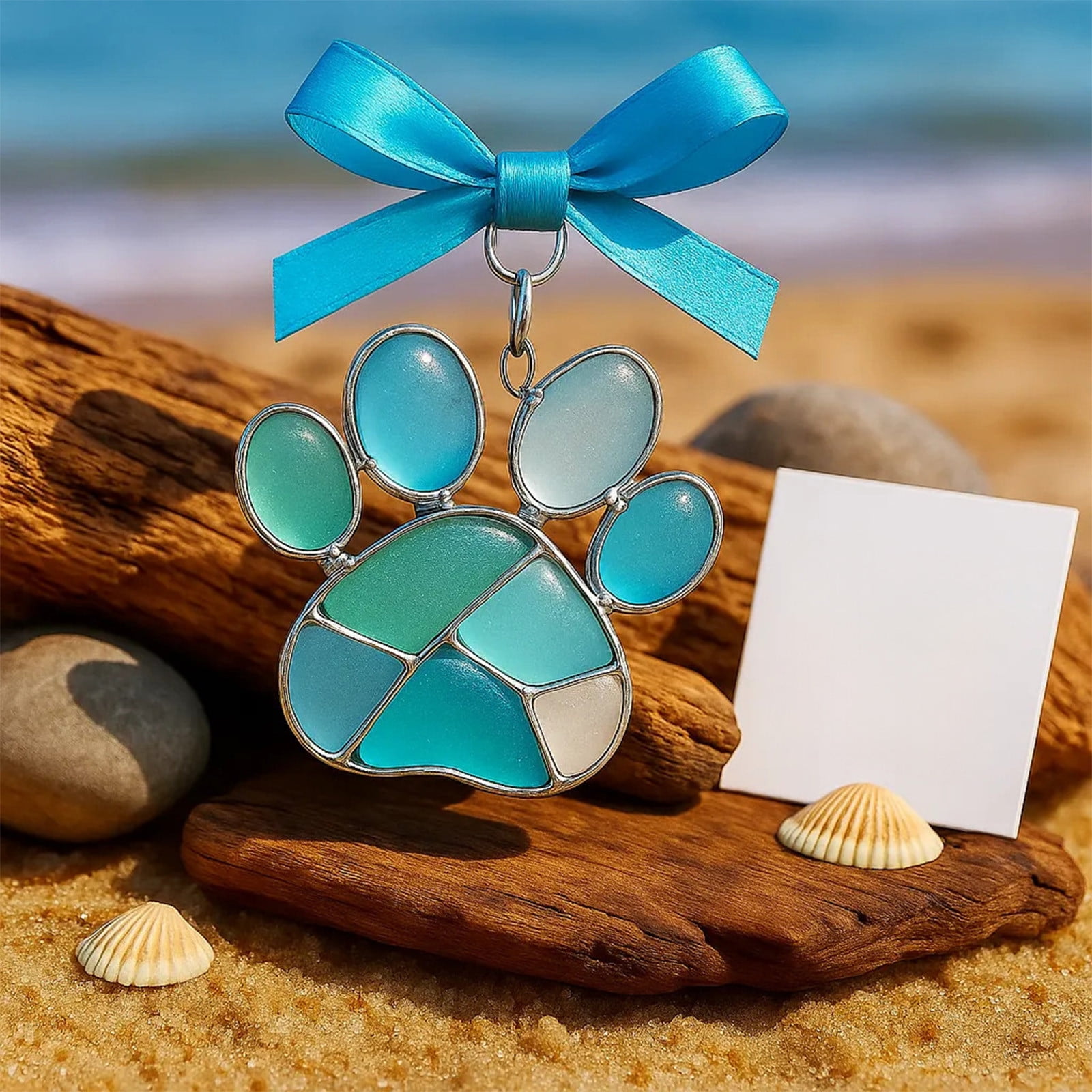 Blaxill Sea Glass Pendant Ornament | Blue Bow Ribbon Metal Twisted Wire ...