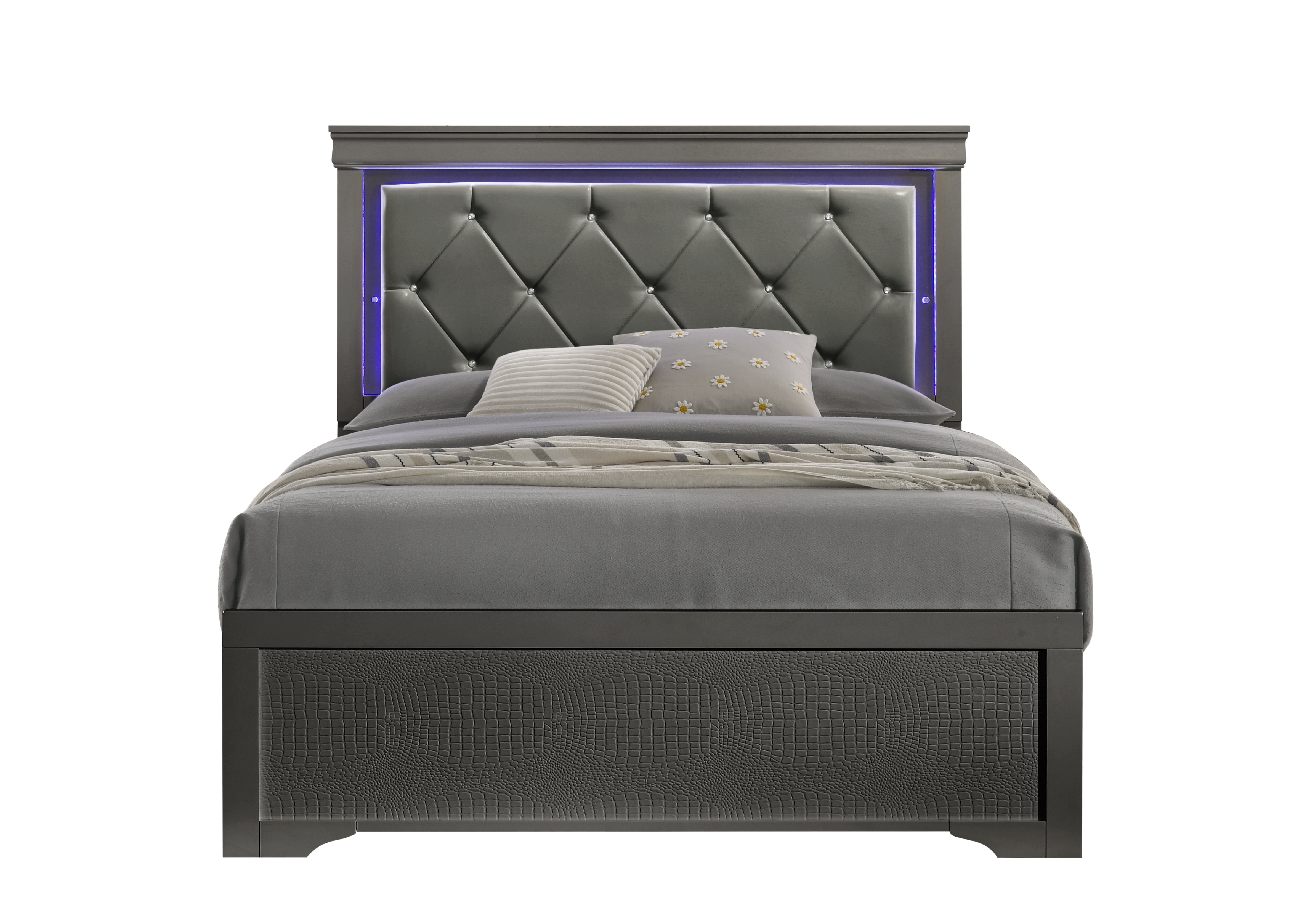Blaze Queen Bed: Modern Wood Frame in Metallic Gray w/ LED Headboard ...