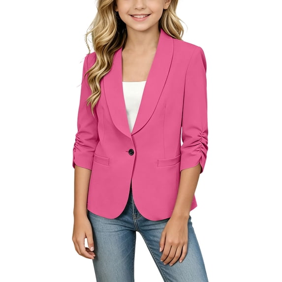 Blazer Jackets For Girls Suit Ruched 3/4 Sleeve Lapel Button Down ...