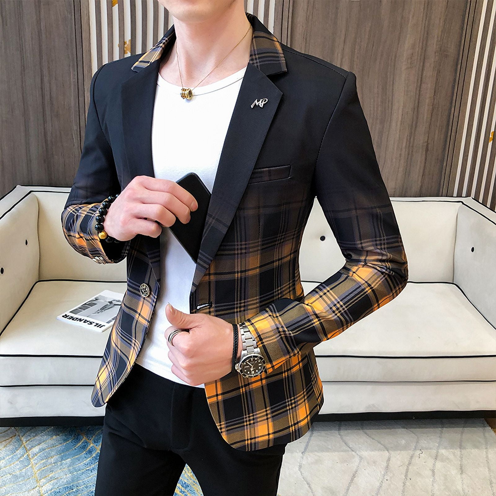 Blazer Men Boutique Fashion Plaid Men's Slim Casual Suit Jacket Male ...