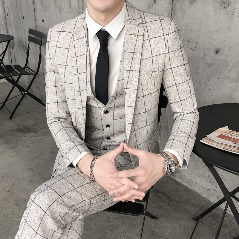 Blazer Vest Pants Stripe Plaid Mens Formal Business Office Suit Groom ...