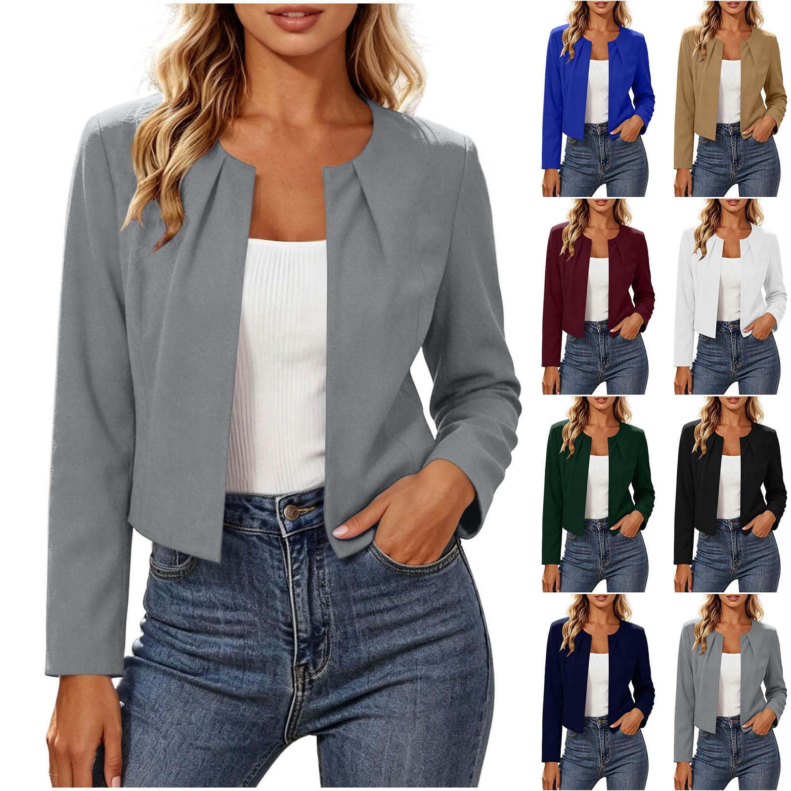 Blazer Women Ndbuld Women Fashion Round Neck Solid Ruched Cardigan ...