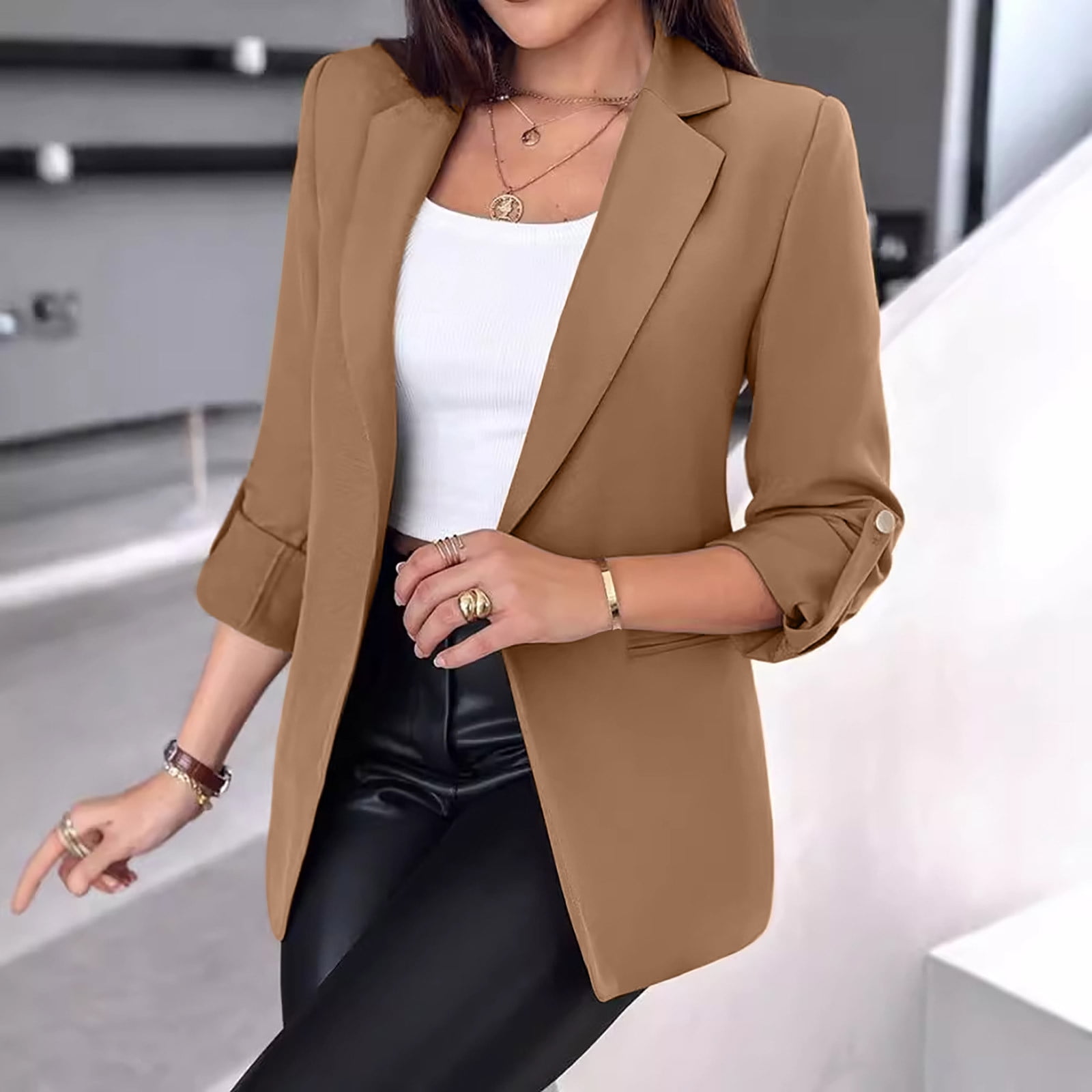 Blazer Women Solid Color Long Sleeve Buttonless Blazer For A Clean ...