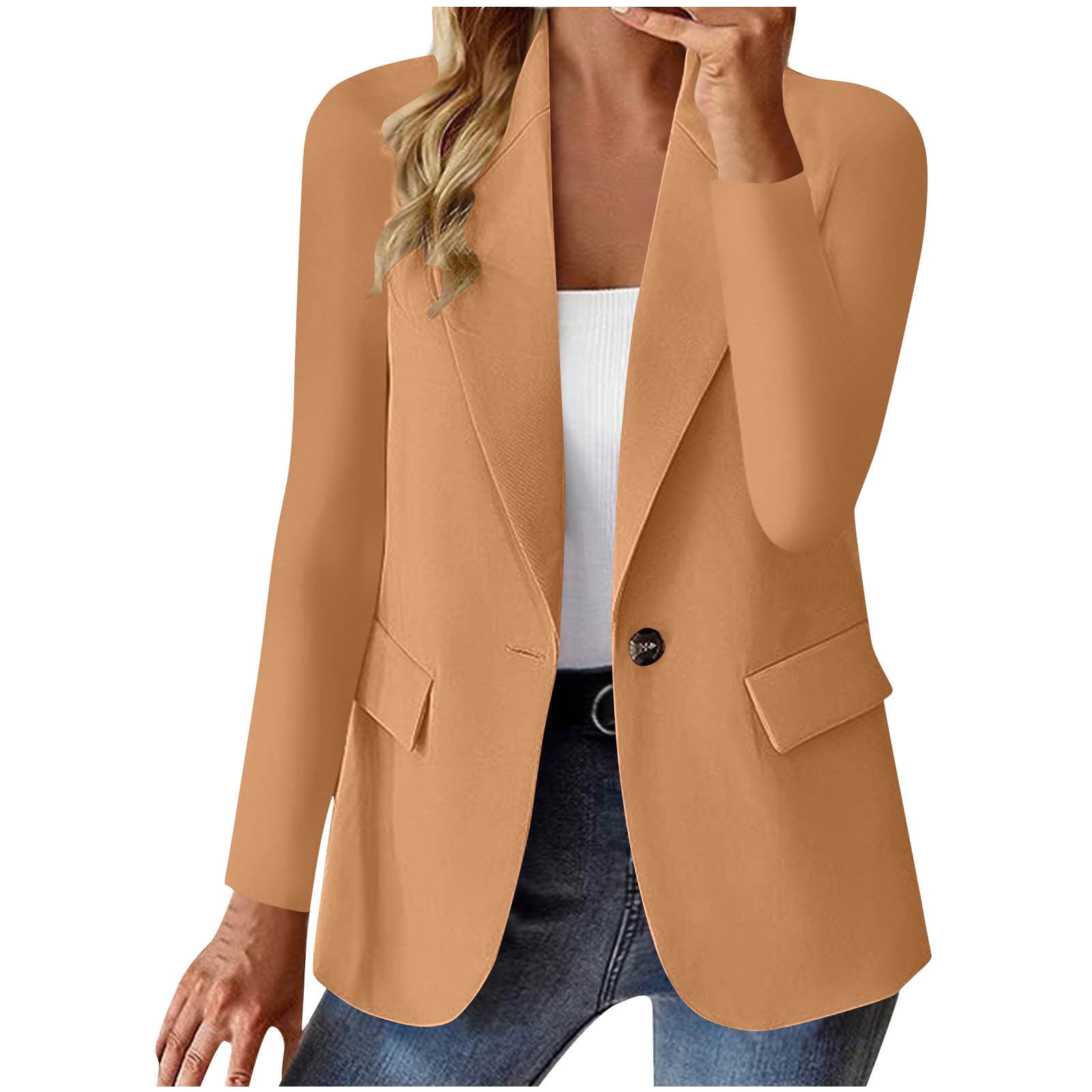 Blazer for Women Office Solid Color Long Sleeve Open Front Lapel Button ...