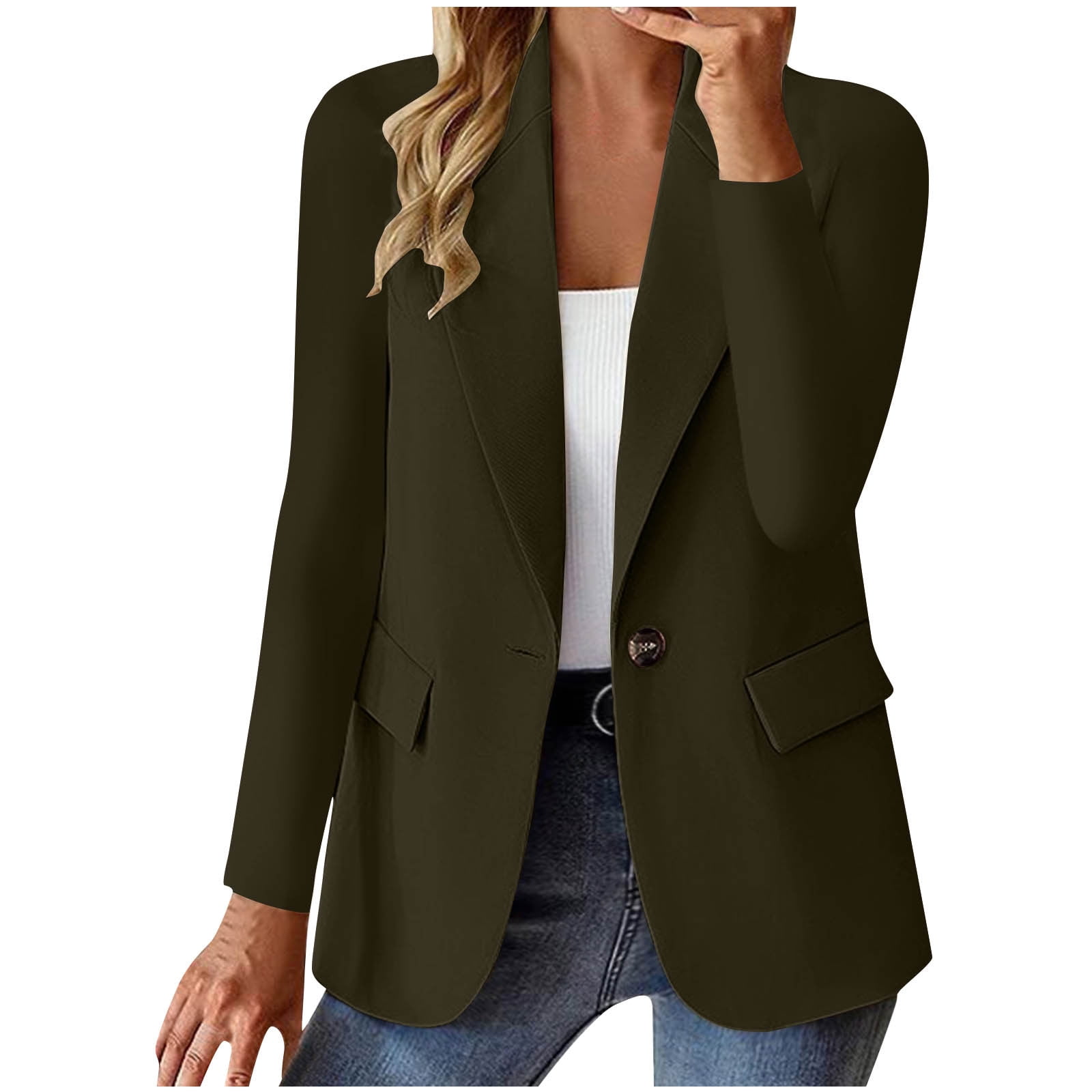 Blazer for Women Office Solid Color Long Sleeve Open Front Lapel Button ...