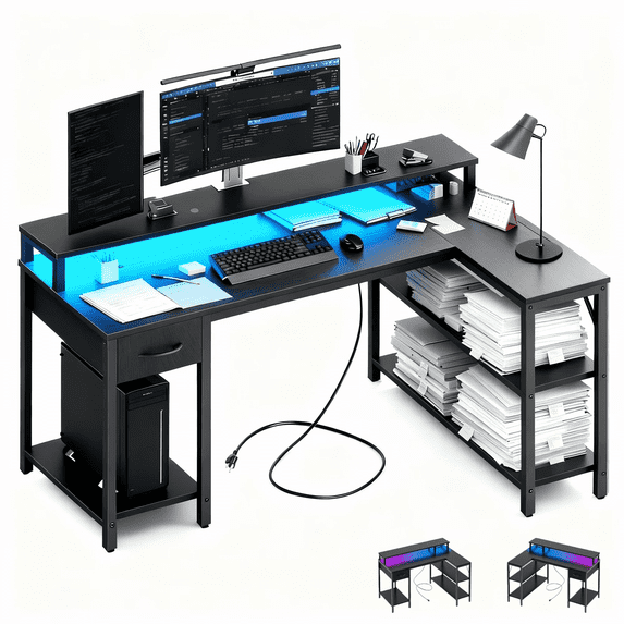 Blazezo 47 inch L Shaped Gaming Desk with LED Lights & Power Outlets ...