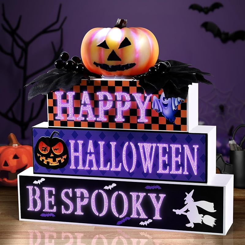 BlcTec Halloween Decorations Indoor, Premium Wood Block Sign with ...