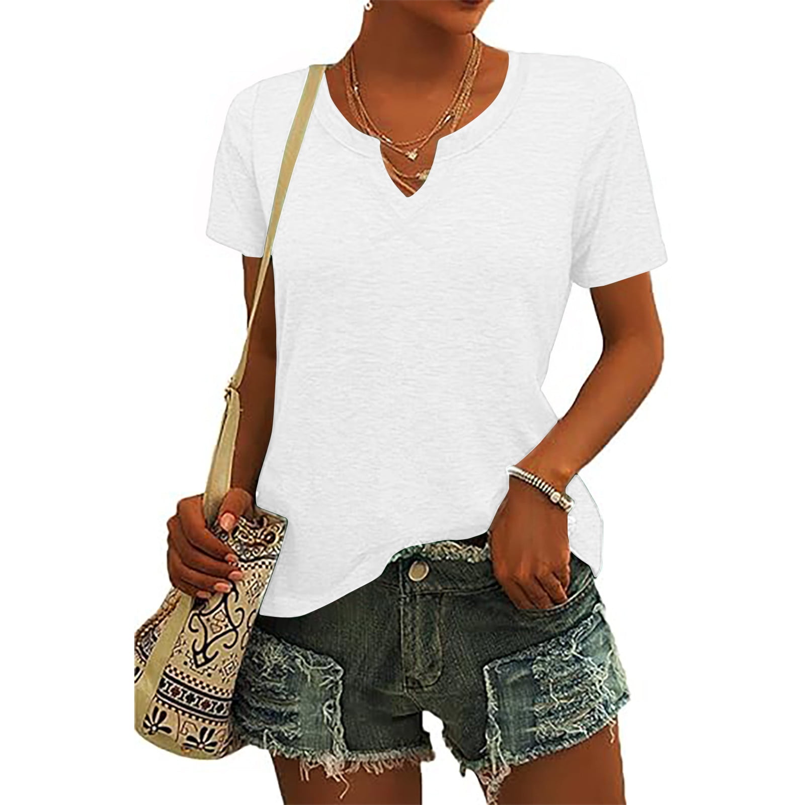 Blczomt Basic Tops Women White Plain Short Sleeve Tee Dressy Casual ...