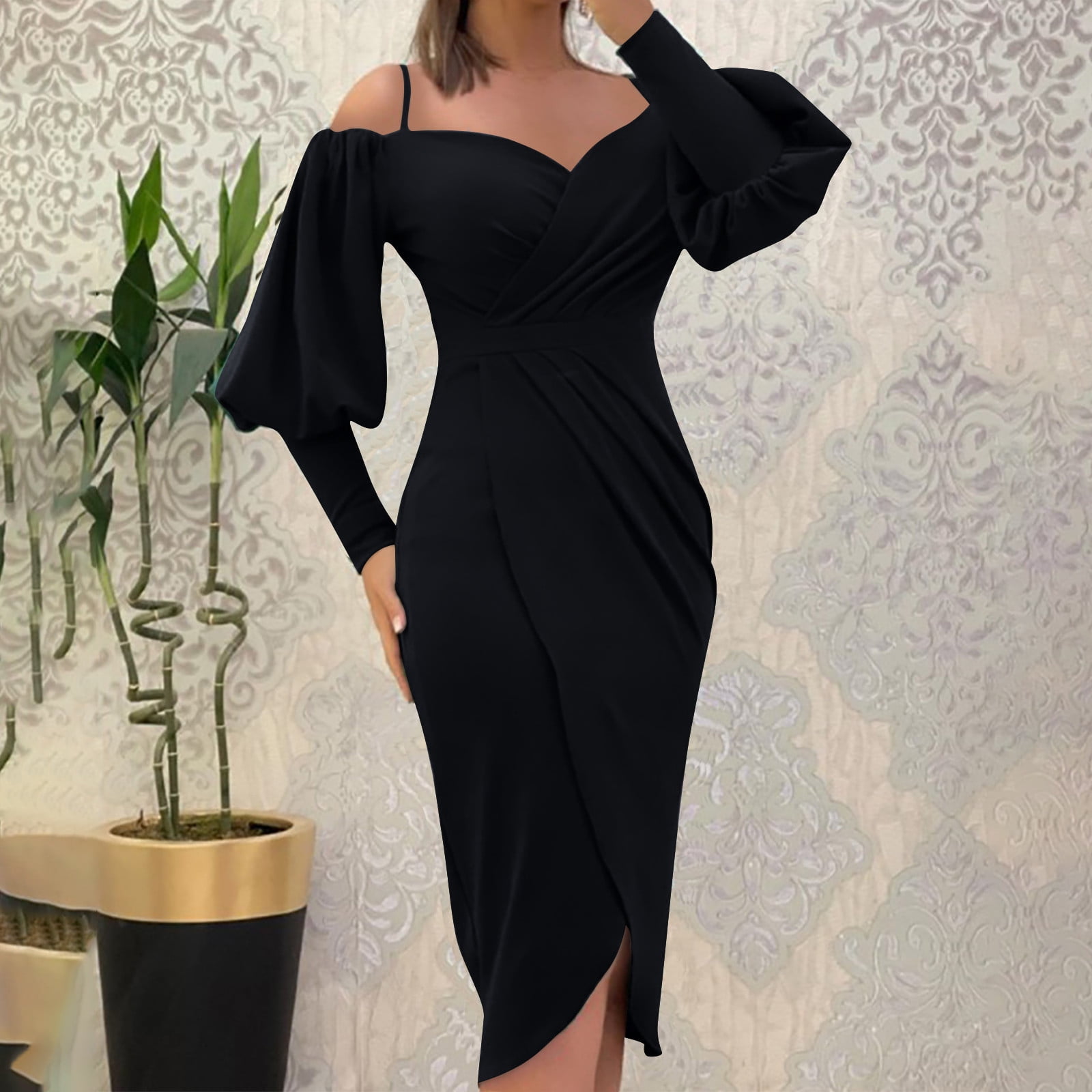 Blczomt Black Dresses Women Midi Dressy Casual Plain Long Sleeve ...