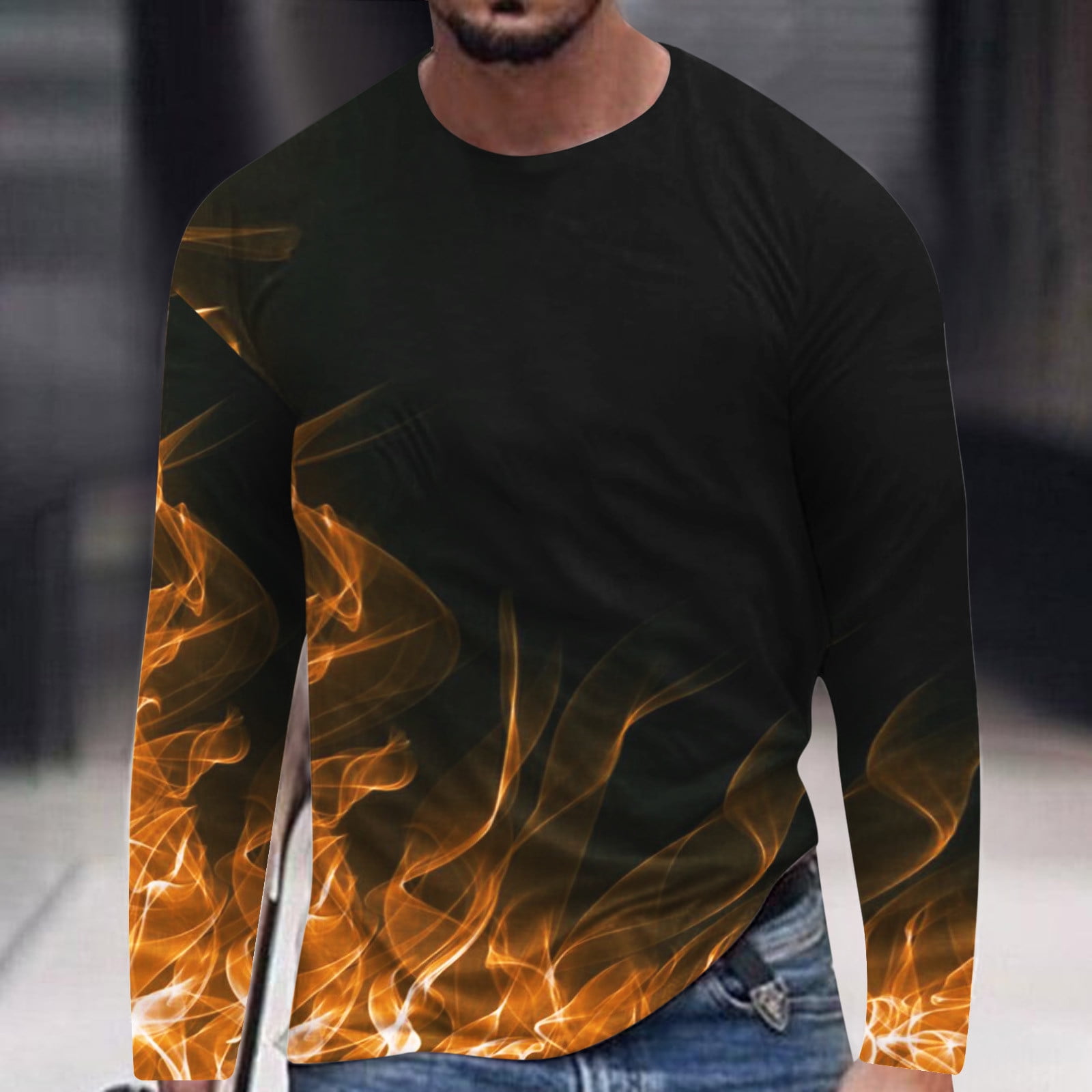 Blczomt Black T Shirts for Men Long Sleeve Flame Graphic Crew Neck T ...