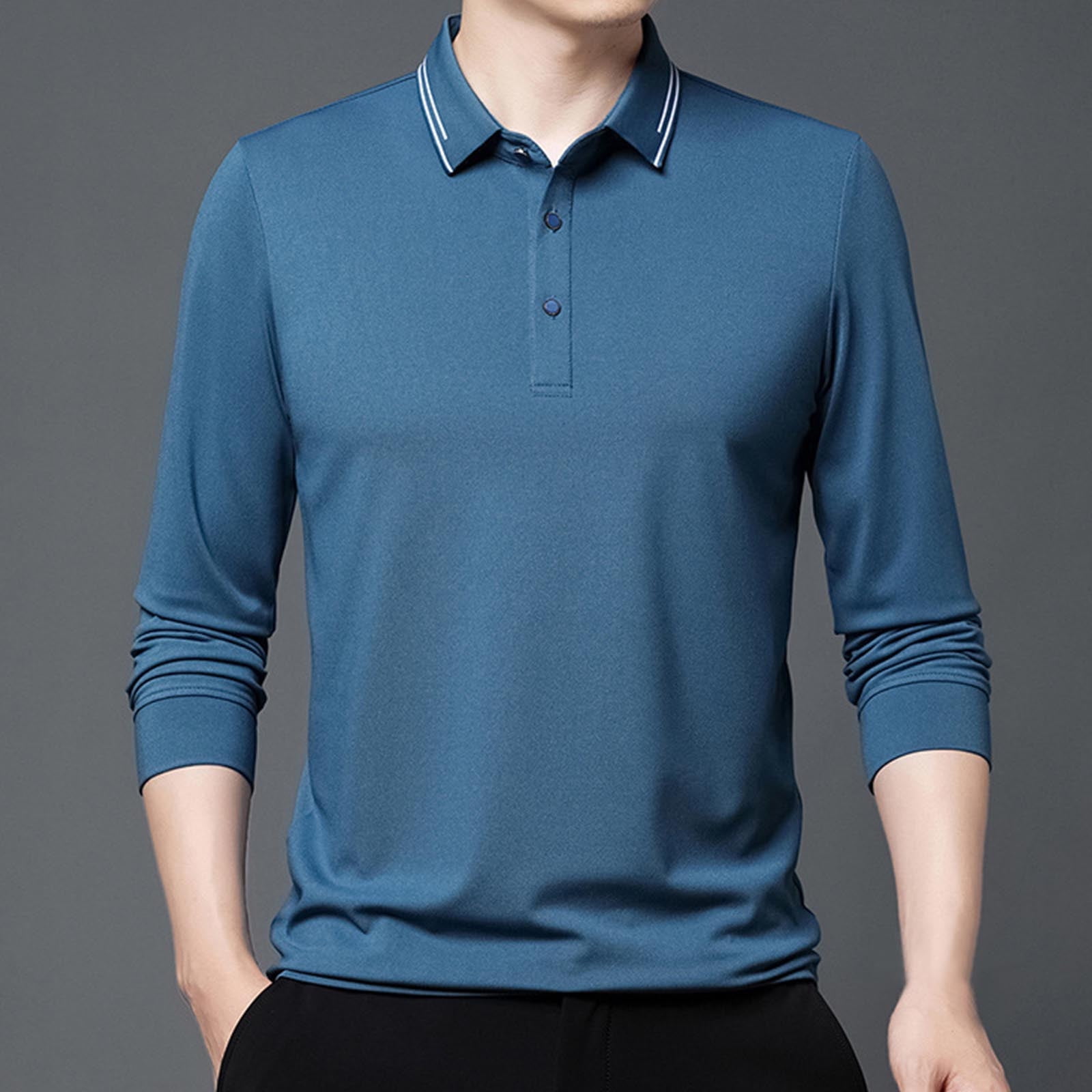 Blczomt Blue Golf Polo Plain Long Sleeve Polo Dress Shirt Formal Button ...