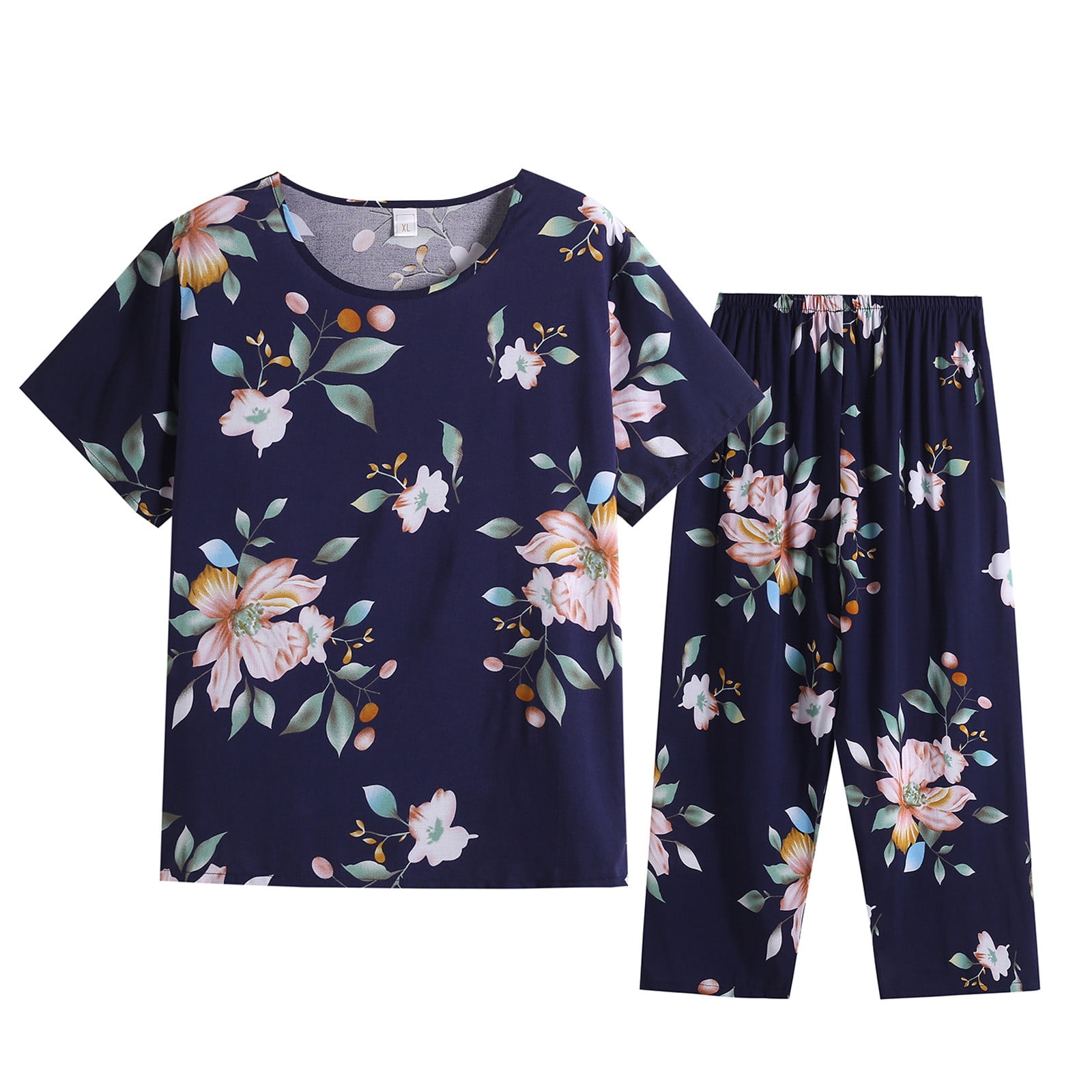 Blczomt Blue Adults Pajamas Womens Two-Piece Set Floral Cotton ...
