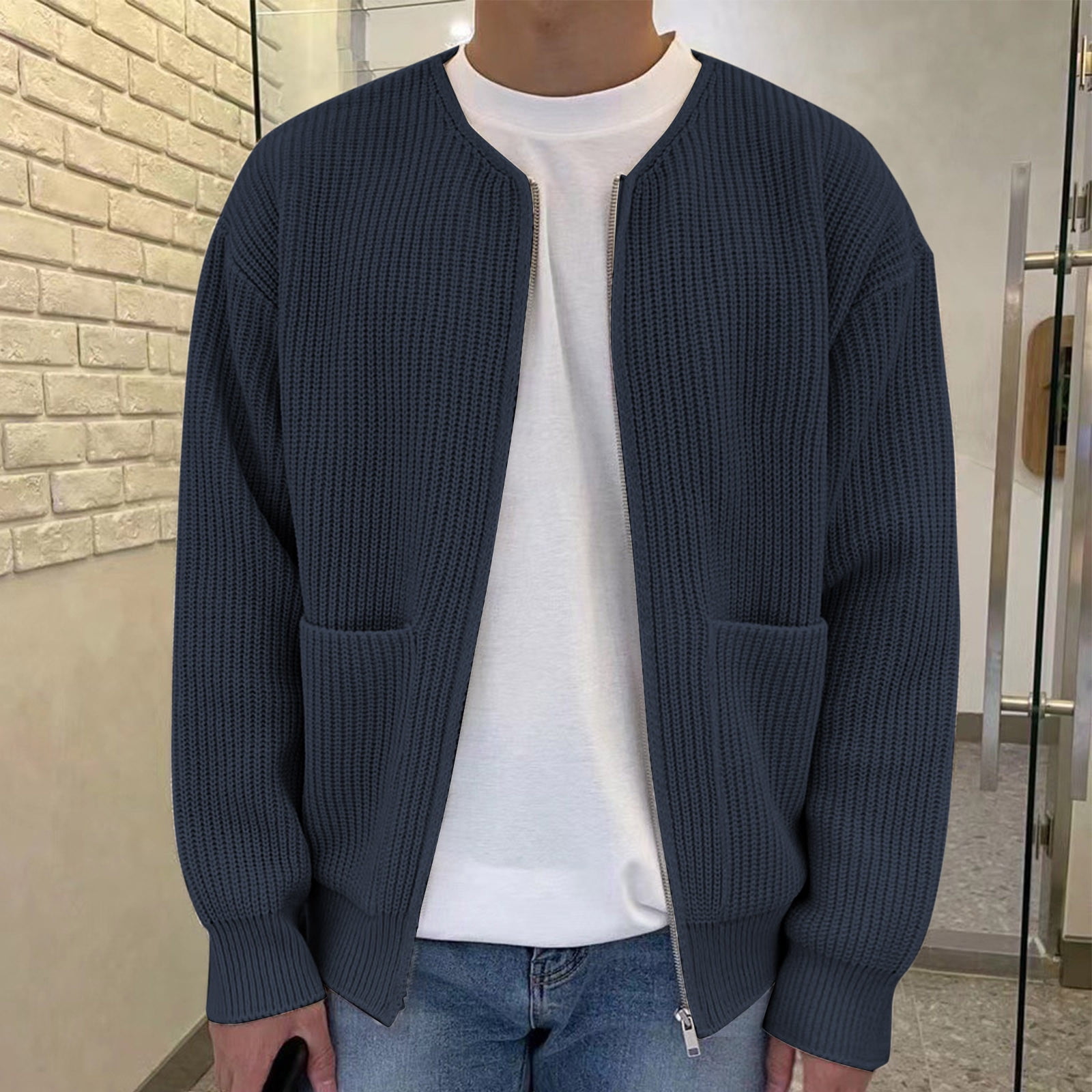 Blczomt Blue Men's Jacket Full Zip Knitted Jacket Lightweight Cardigan ...