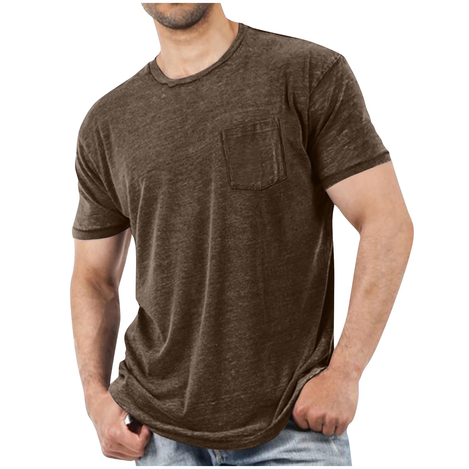 Blczomt Casual Mens Shirt Short Sleeve Solid Color T Shirts Brown Plain ...