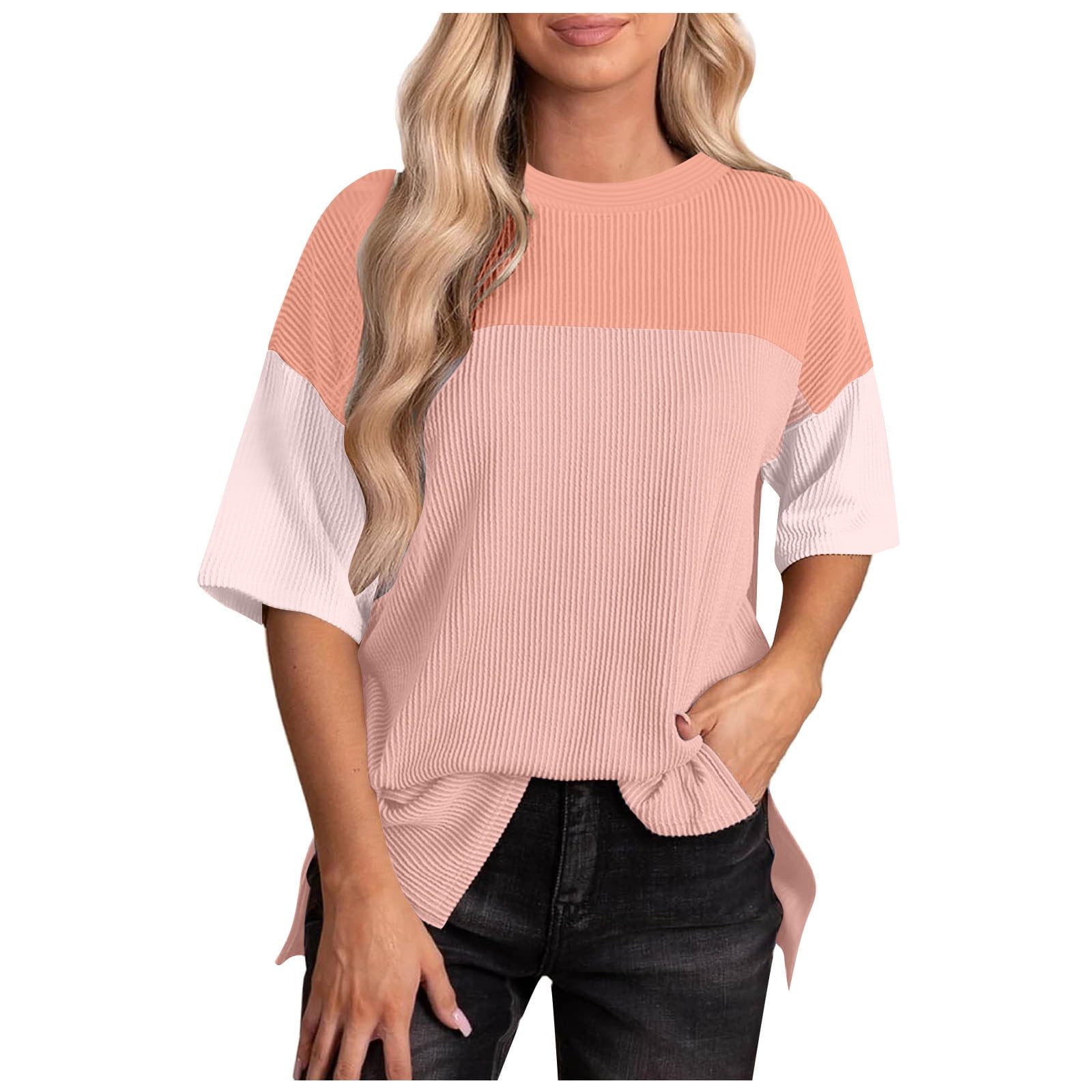 Blczomt Casual Tops Womens Pink Elbow Sleeve Crewneck Shirts Trendy ...