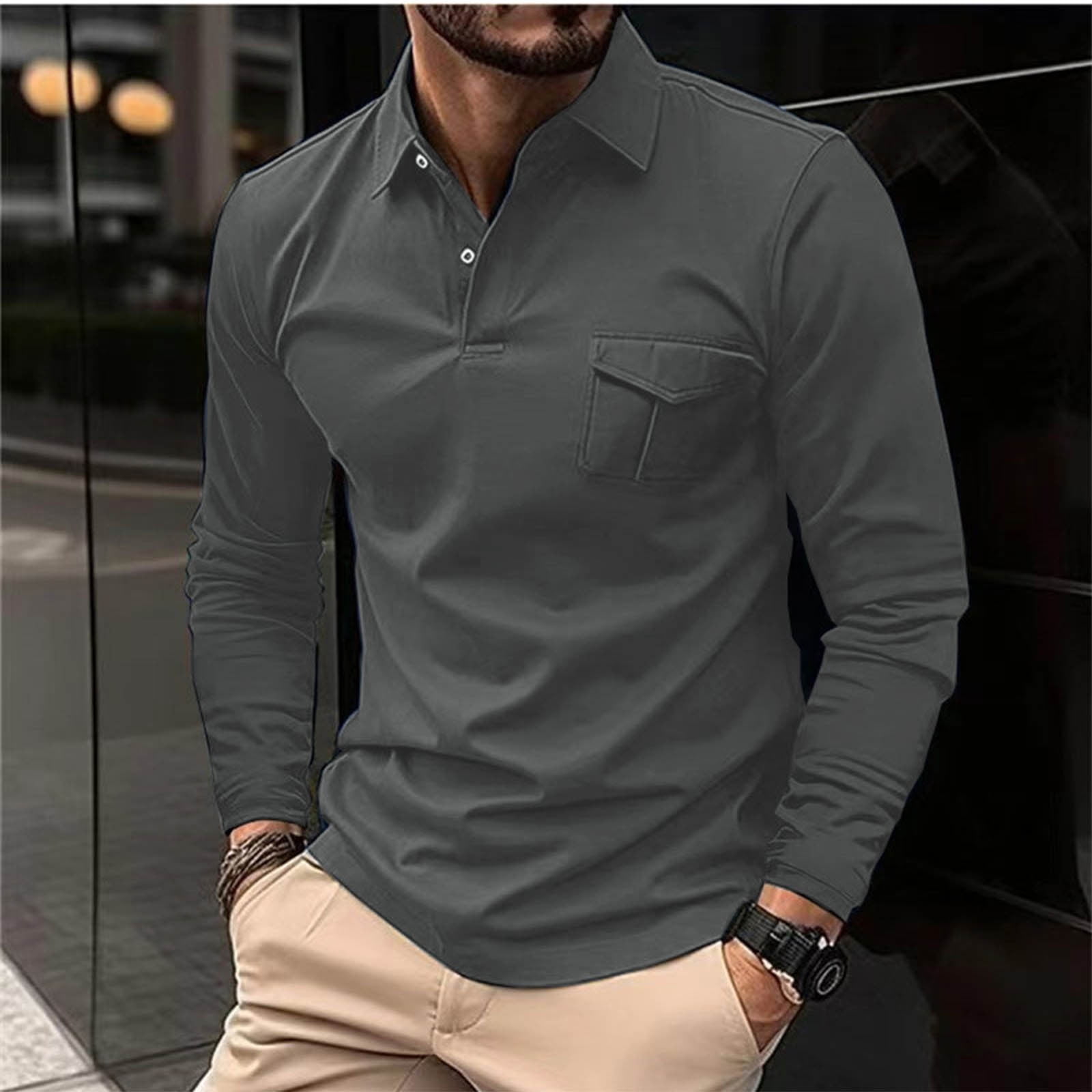 Blczomt Collared Polos for Men Gray Long Sleeve Polo Casual Pocket ...