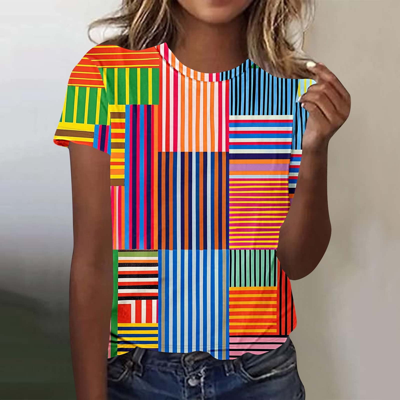 Blczomt Crew Neck Womens Tops Trendy Color Block Summer Tee 2025 Short ...