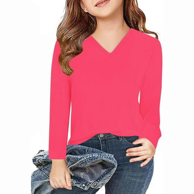 Blczomt Cute Girls' Shirt Plain Long Sleeve Tees Basic Casual Pink V ...