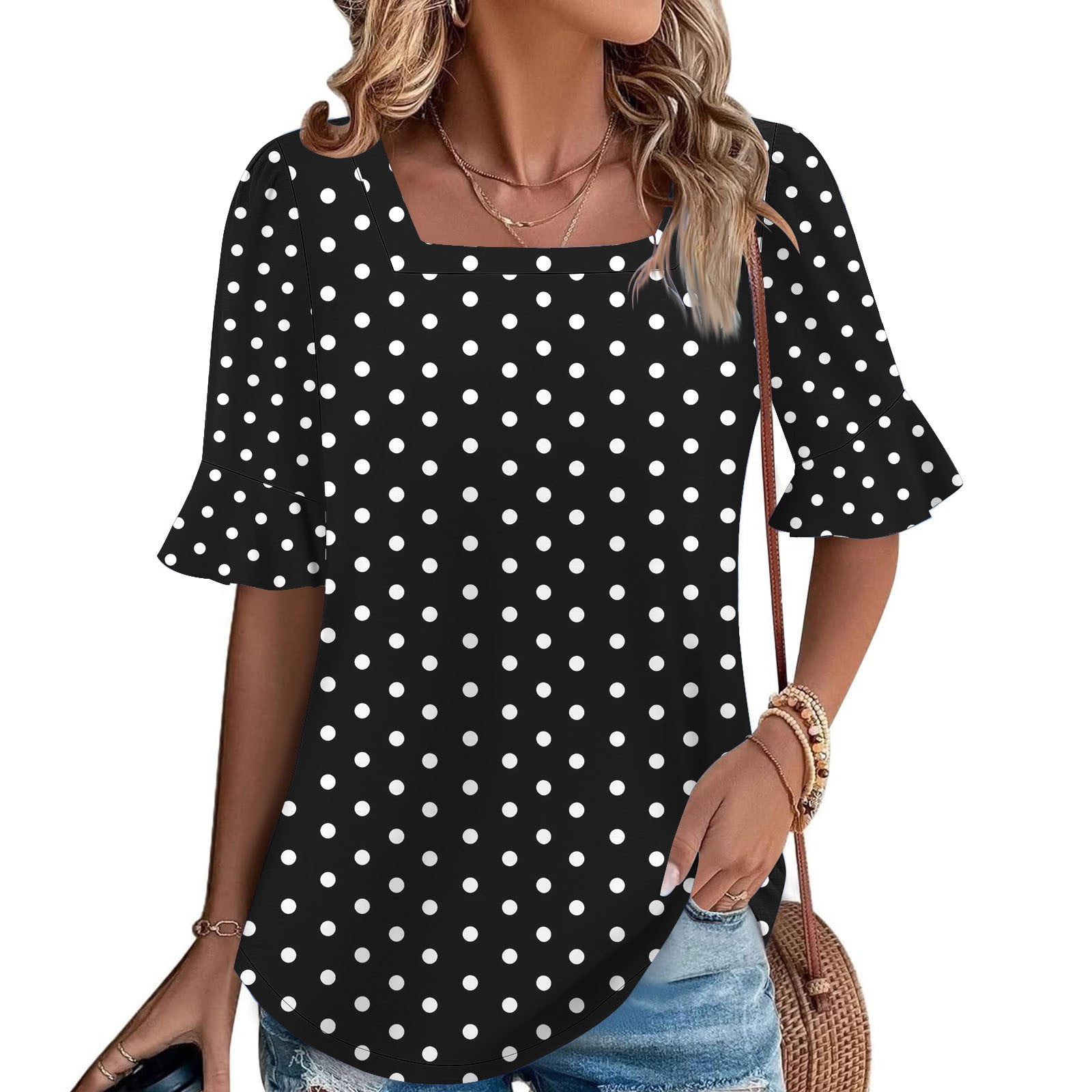 Blczomt Dressy Casual Womens Tops Plus Size Polka Dot Work Tunic Spring Summer Square Neck Short ...